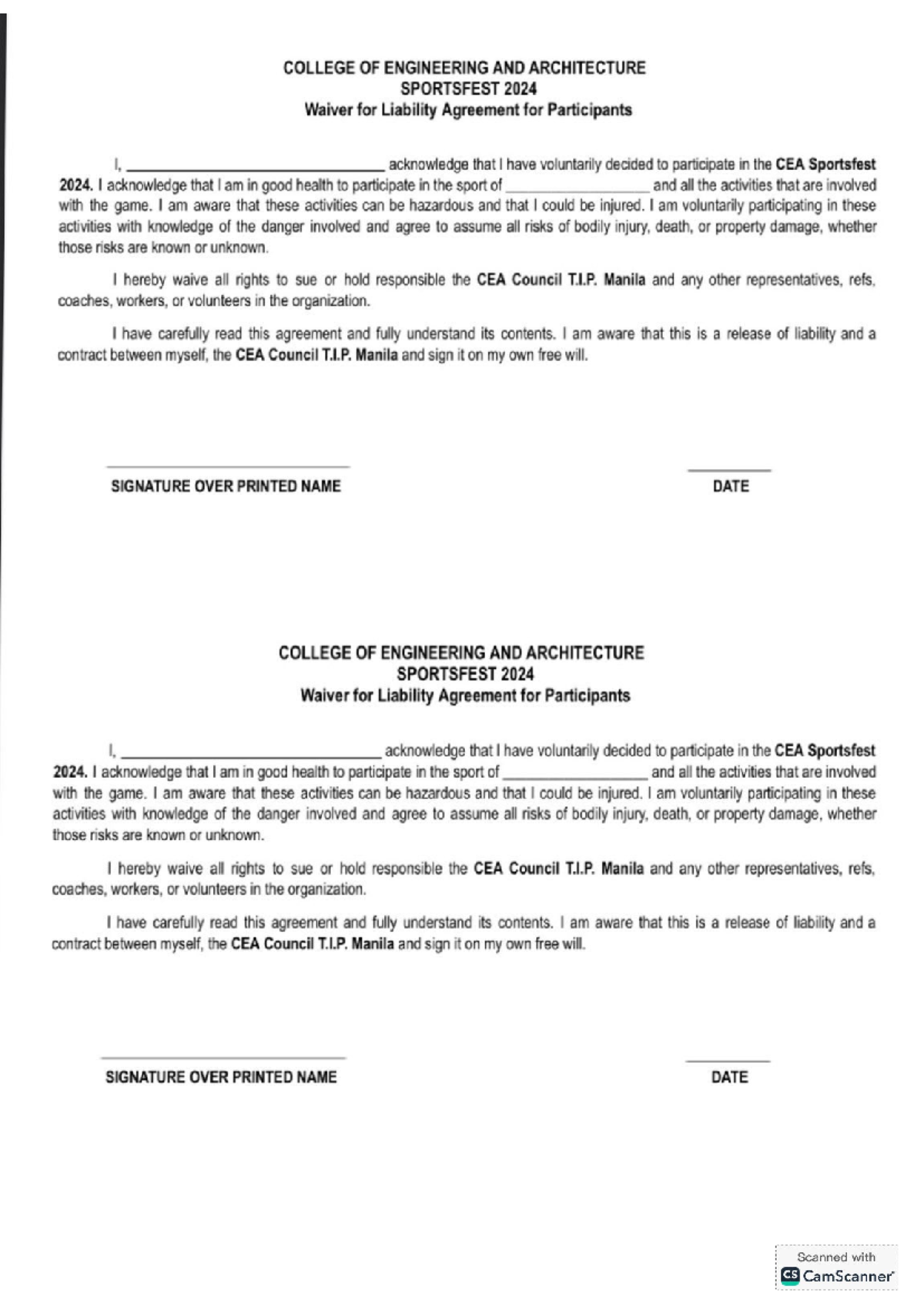 CEA Sportsfest 2024 Liability Waiver Agreement for Participants - Studocu