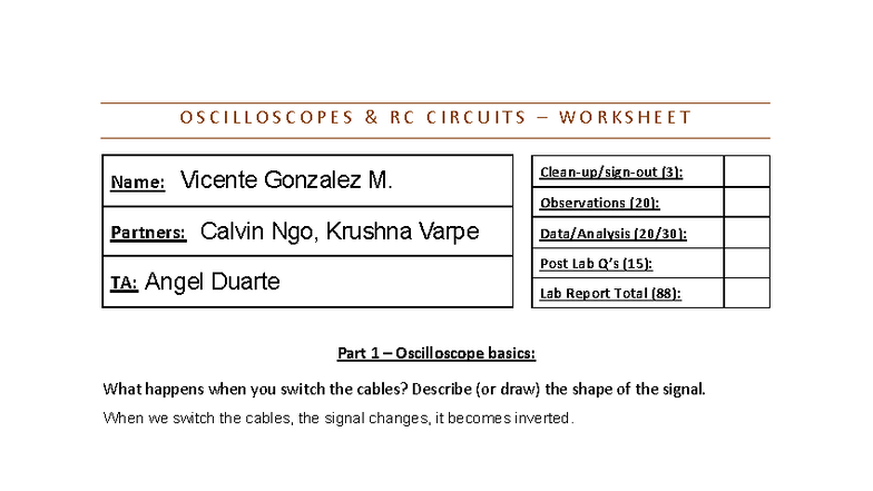 OSCILLOSCOPES & RC CIRCUITS WORKSHEET (Lab Report) - Studocu