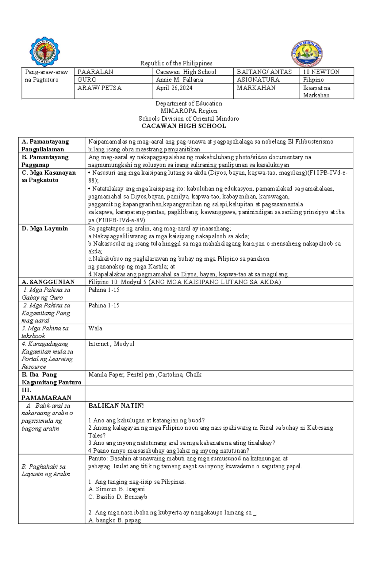 G10mod5 - Lesson Plan for Grade 9 Filipino on El Filibusterismo - Studocu
