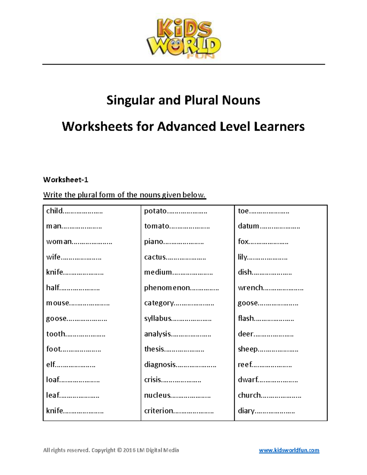 Advanced Worksheets on Singular & Plural Nouns - Studocu