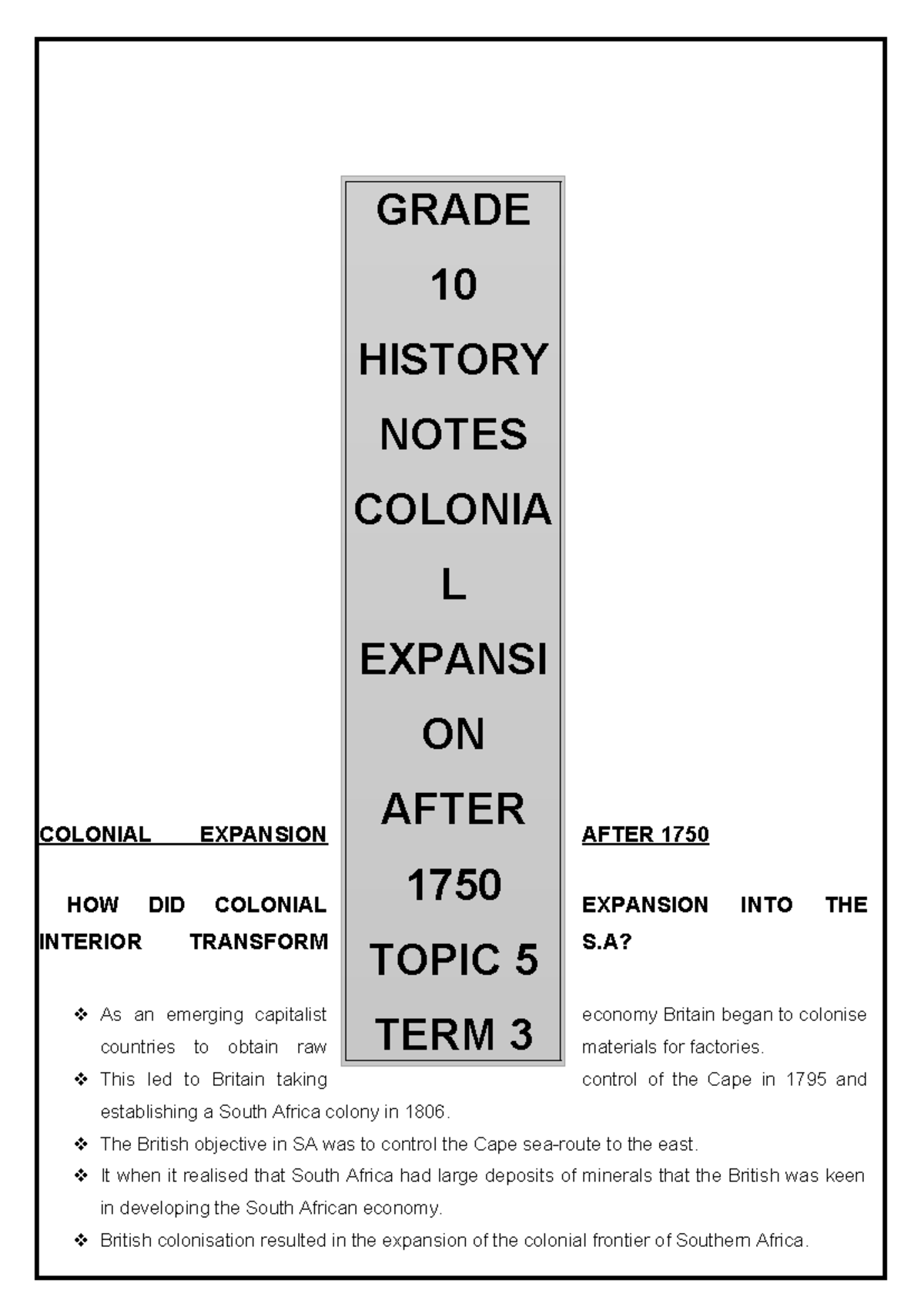 Colonial Expansion After 1750: Grade 10 History Notes Summary - Studocu