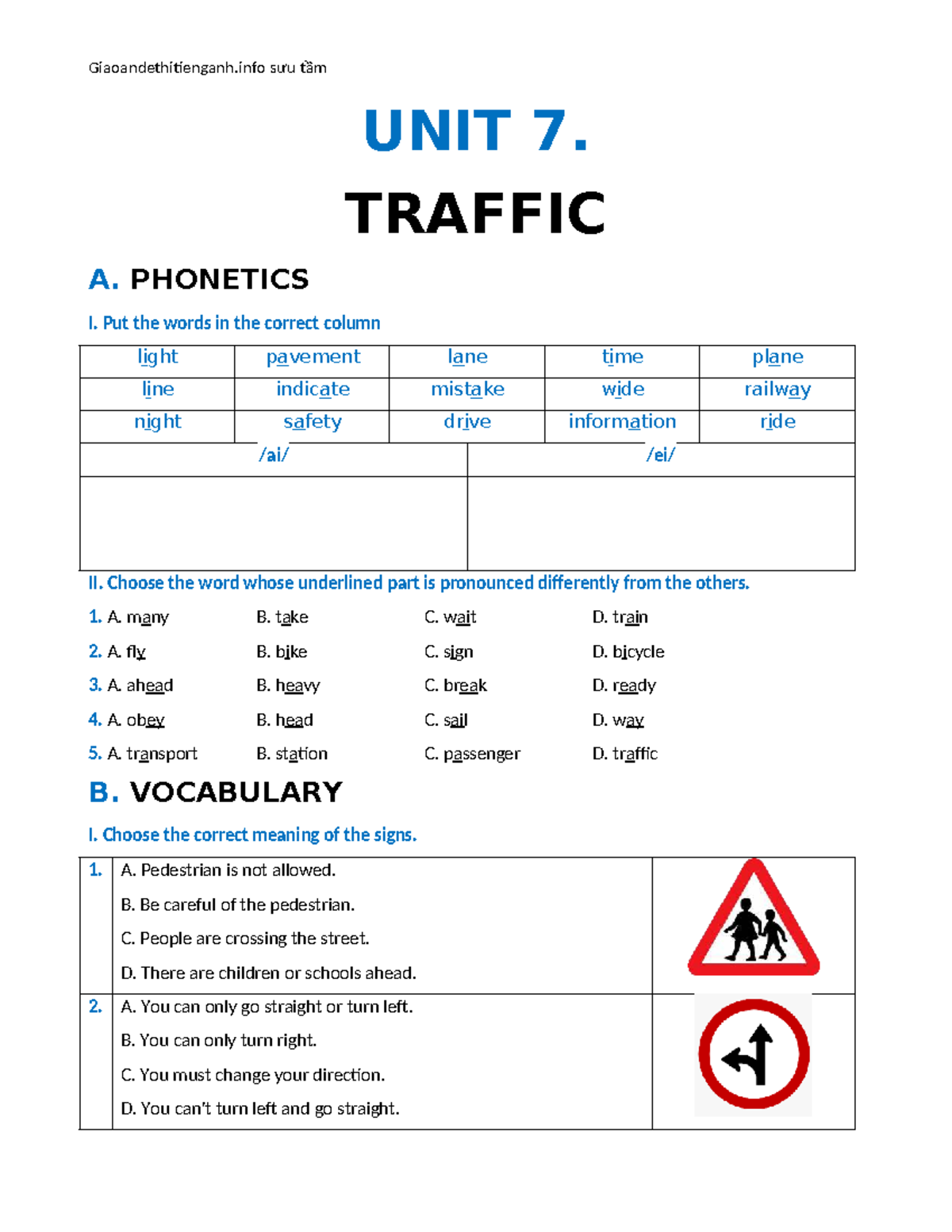 UNIT 7: Traffic - Phonetics, Vocabulary, Grammar, and Reading - Studocu