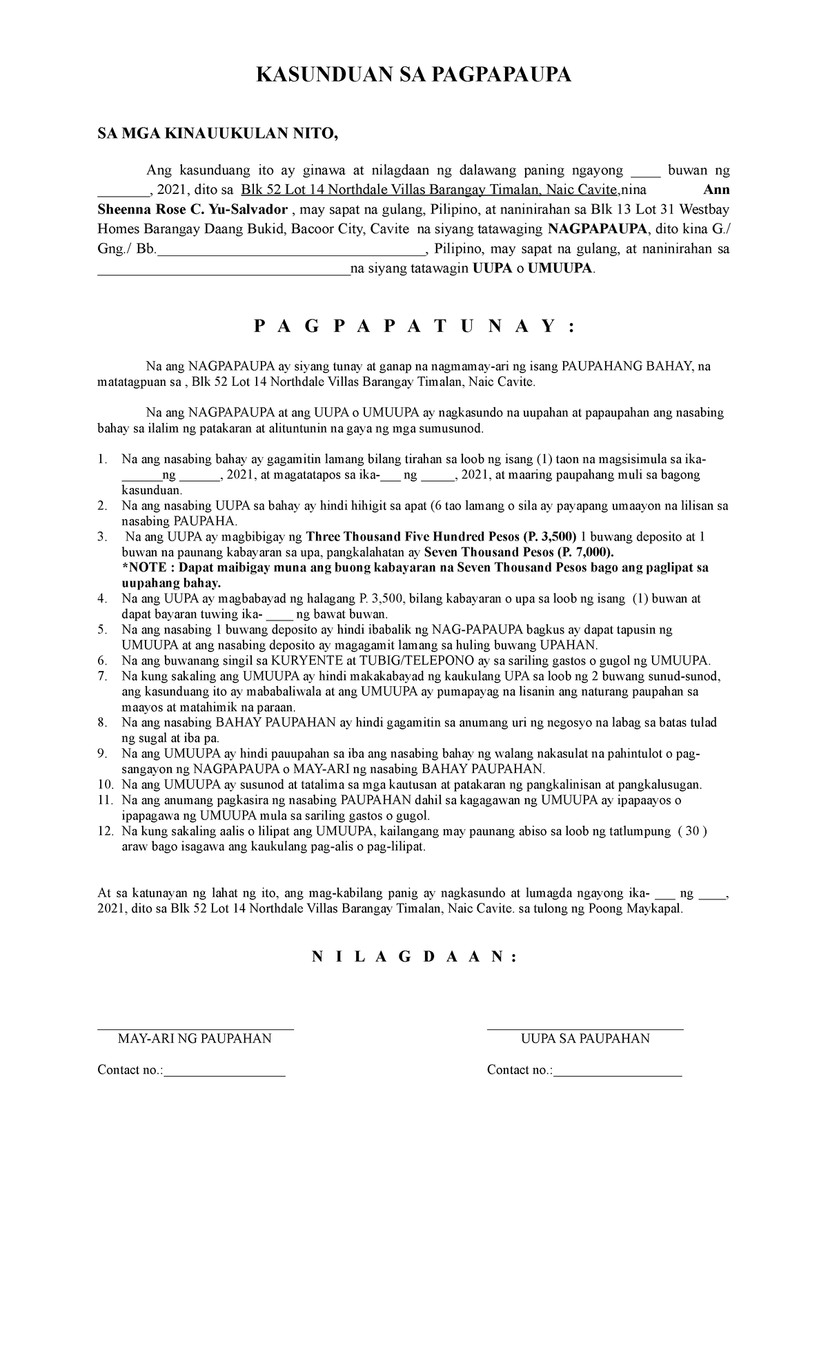 Kasunduan sa Paupahan: Mga Tuntunin at Alituntunin ng Uupa - Studocu