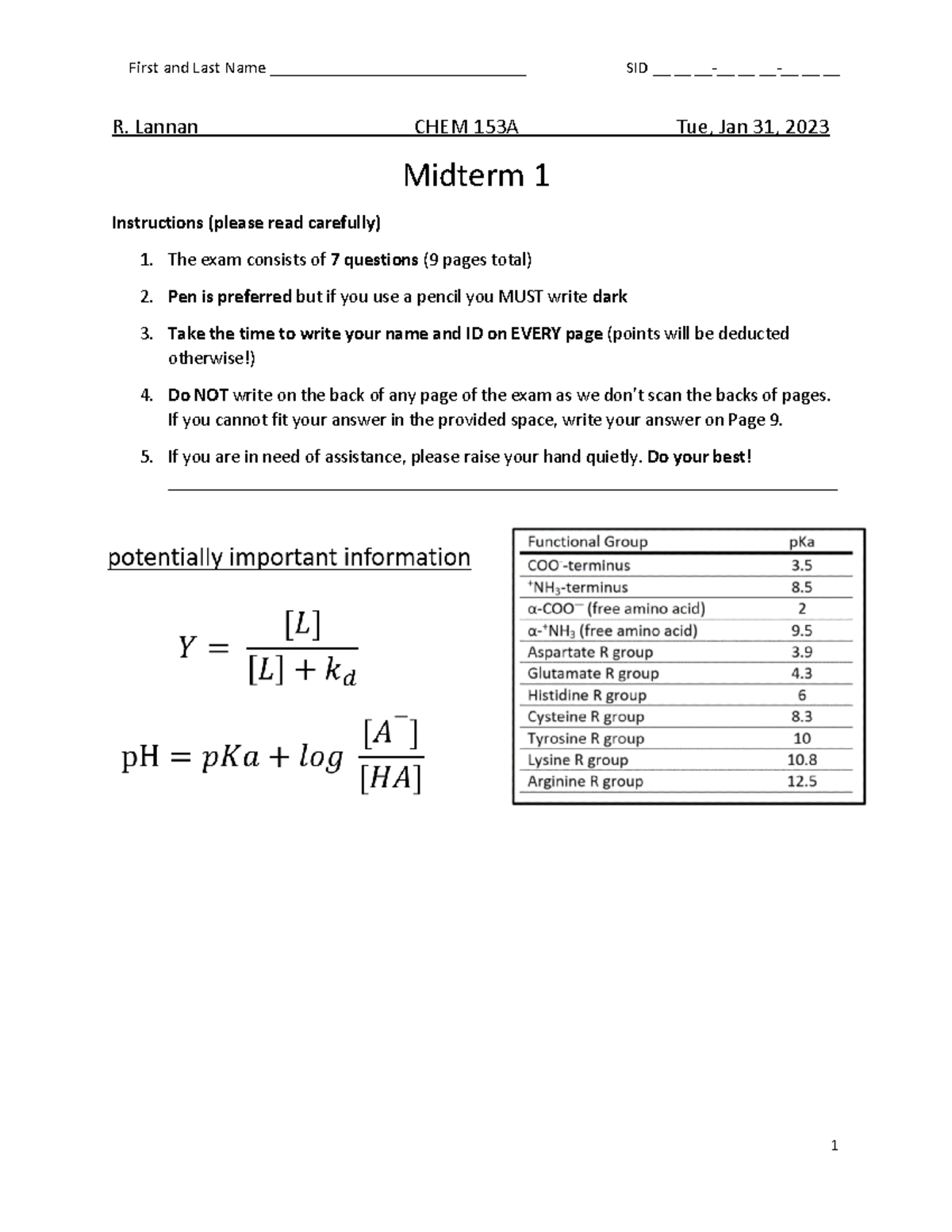 Chem 153A - Midterm 1 Study Guide & Exam Instructions - Studocu