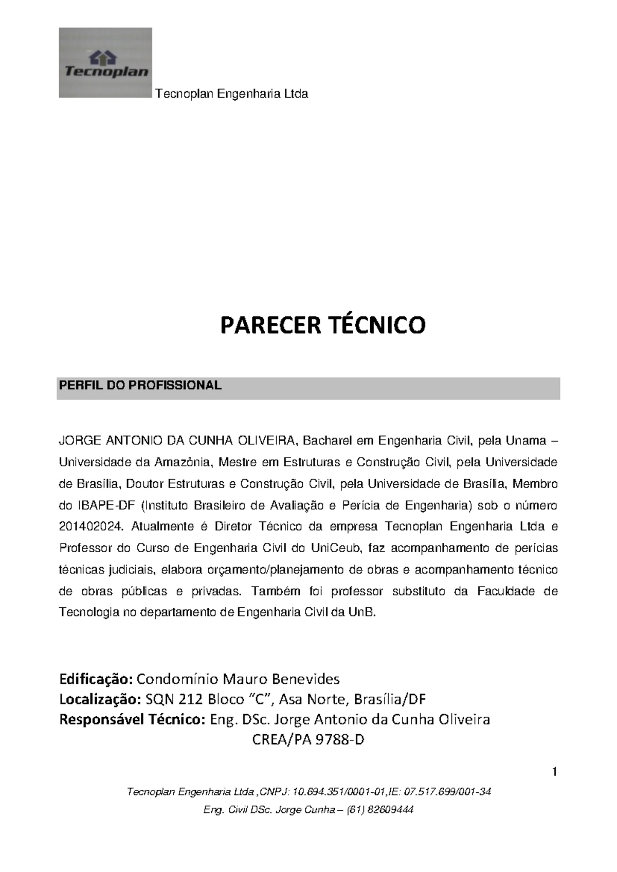 Modelo de Parecer Técnico - Tecnologia e Planejamento de Obras Ltda ...