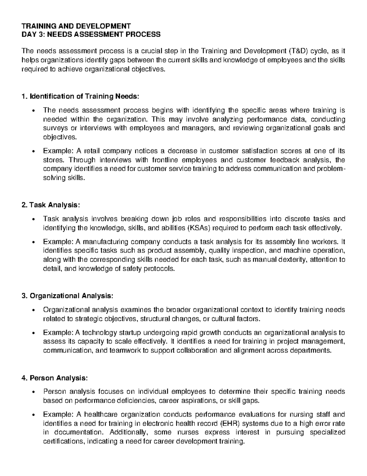 Training & Development: Needs Assessment Process Overview - Studocu
