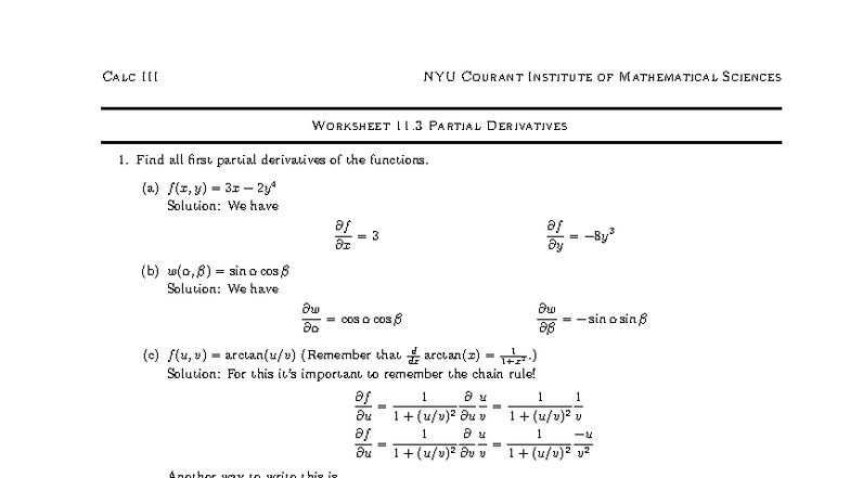 Calc NYU CIMS Worksheet 11.3: Partial Derivatives Solutions - Studocu