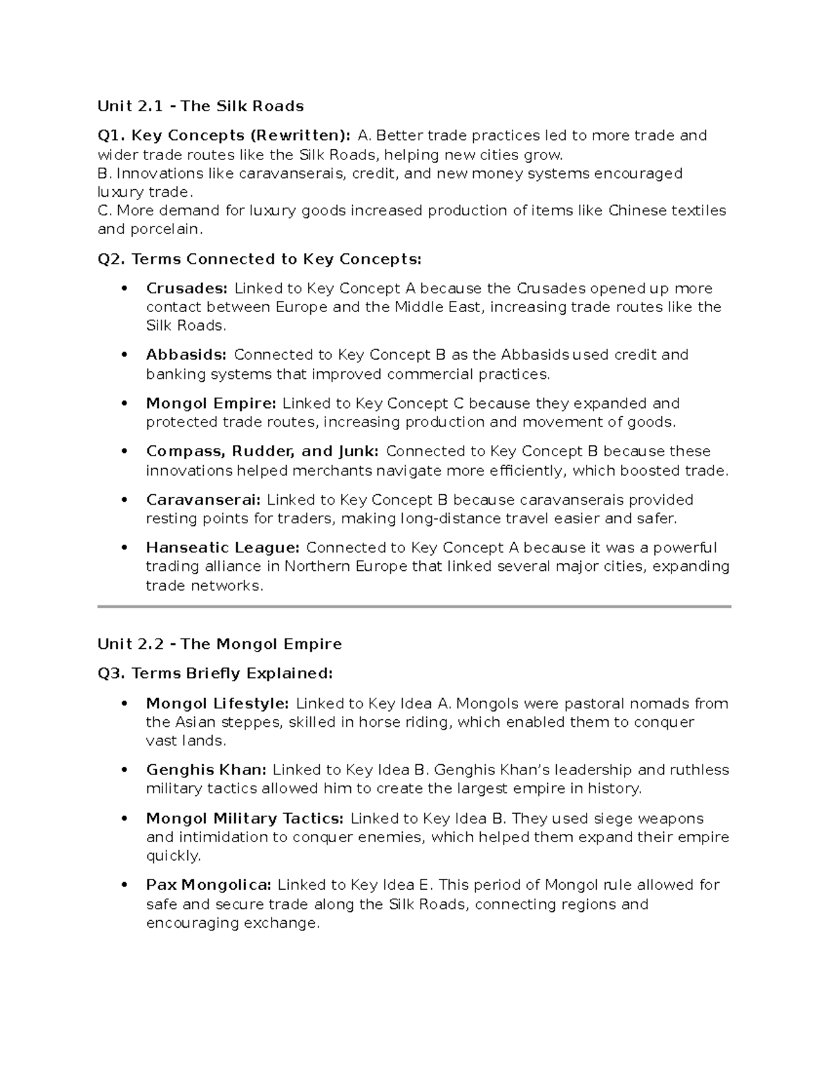 Ap World History Unit 2: Silk Roads & Mongol Empire Insights - Studocu