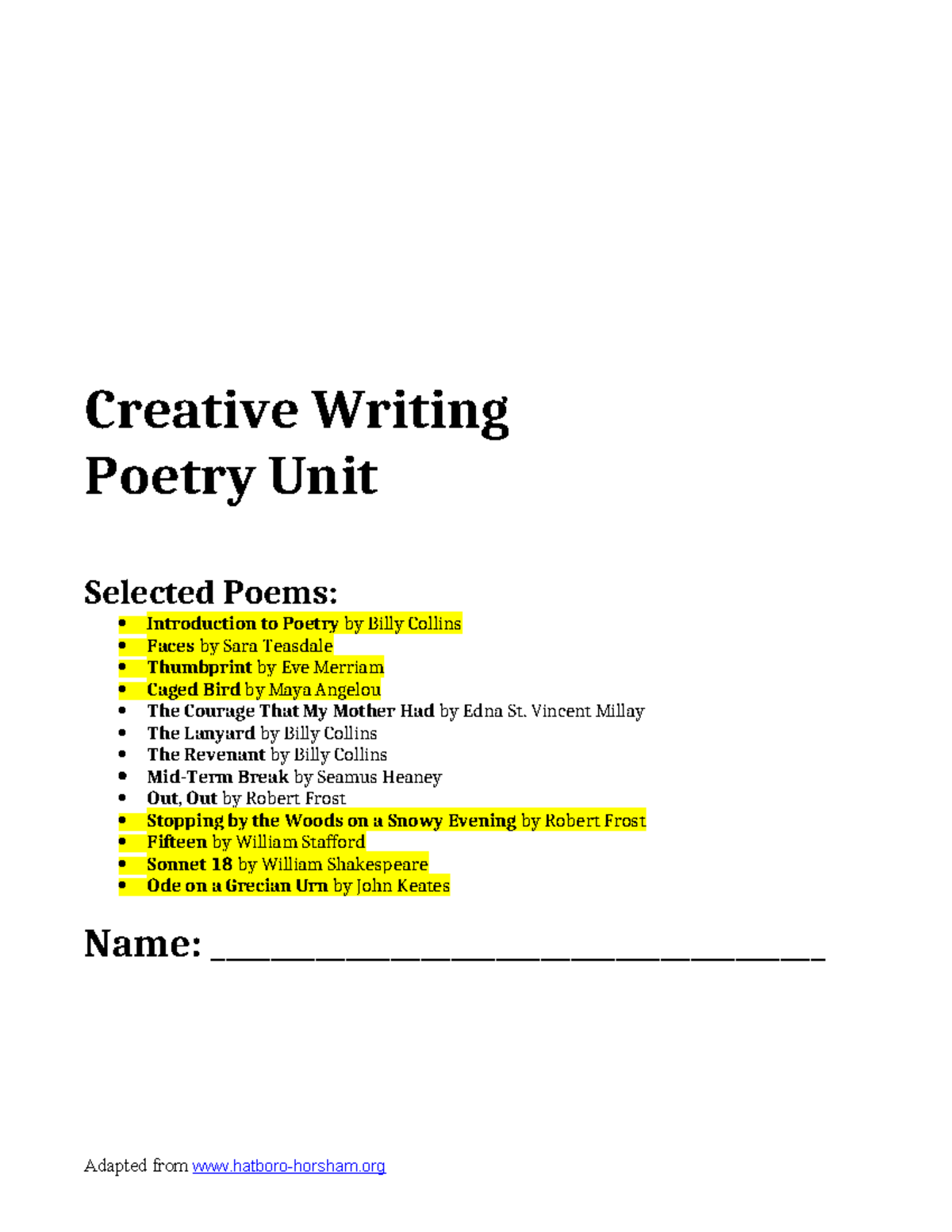 Poetry packet Creative Writing - Creative Writing Poetry Unit Selected ...