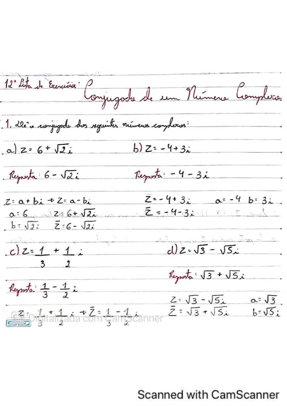 Lista 12: Exercícios sobre Conjugado de Números Complexos - Studocu