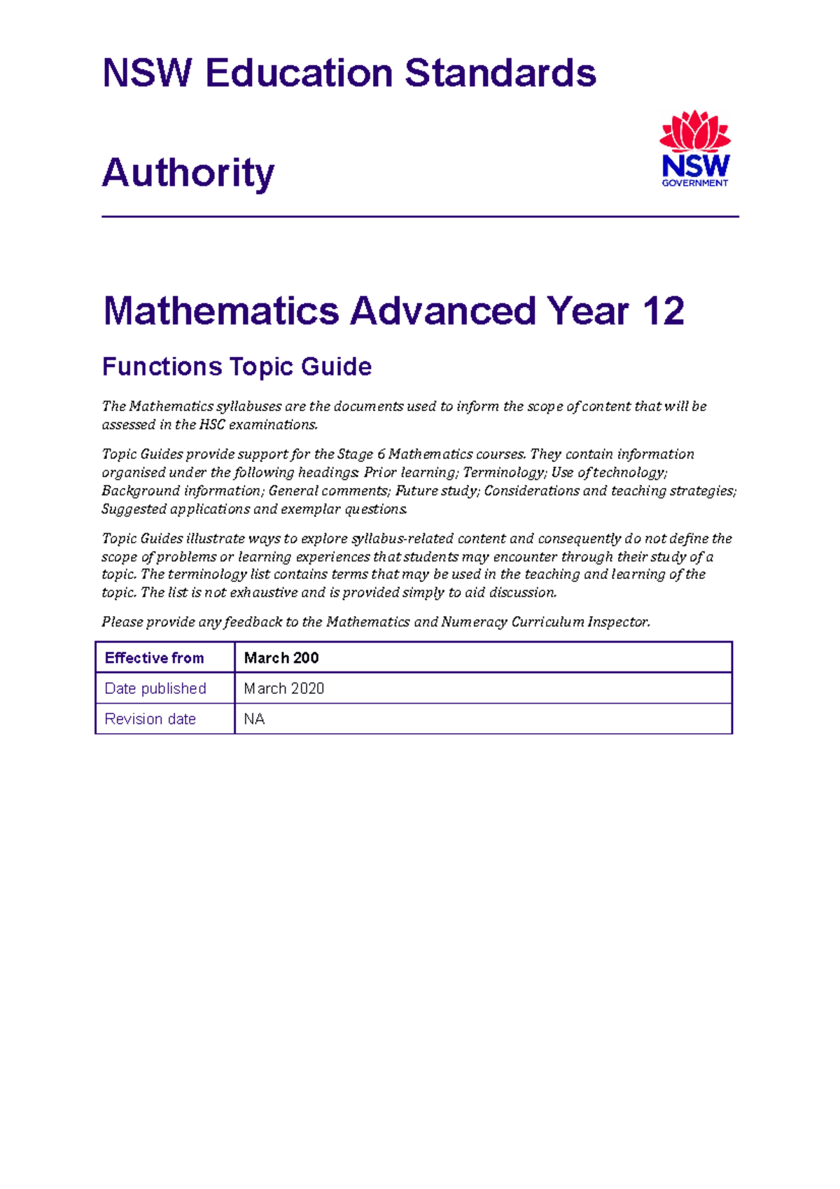 Mathematics Advanced Year 12 Functions: Comprehensive Topic Guide - Studocu