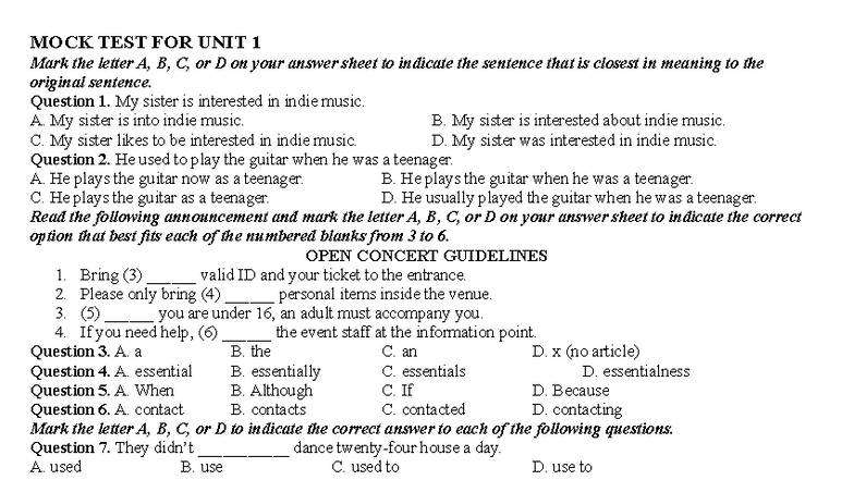 MOCK TEST UNIT 1 - tieng anh friendplus 8 - MOCK TEST FOR UNIT 1 Mark ...
