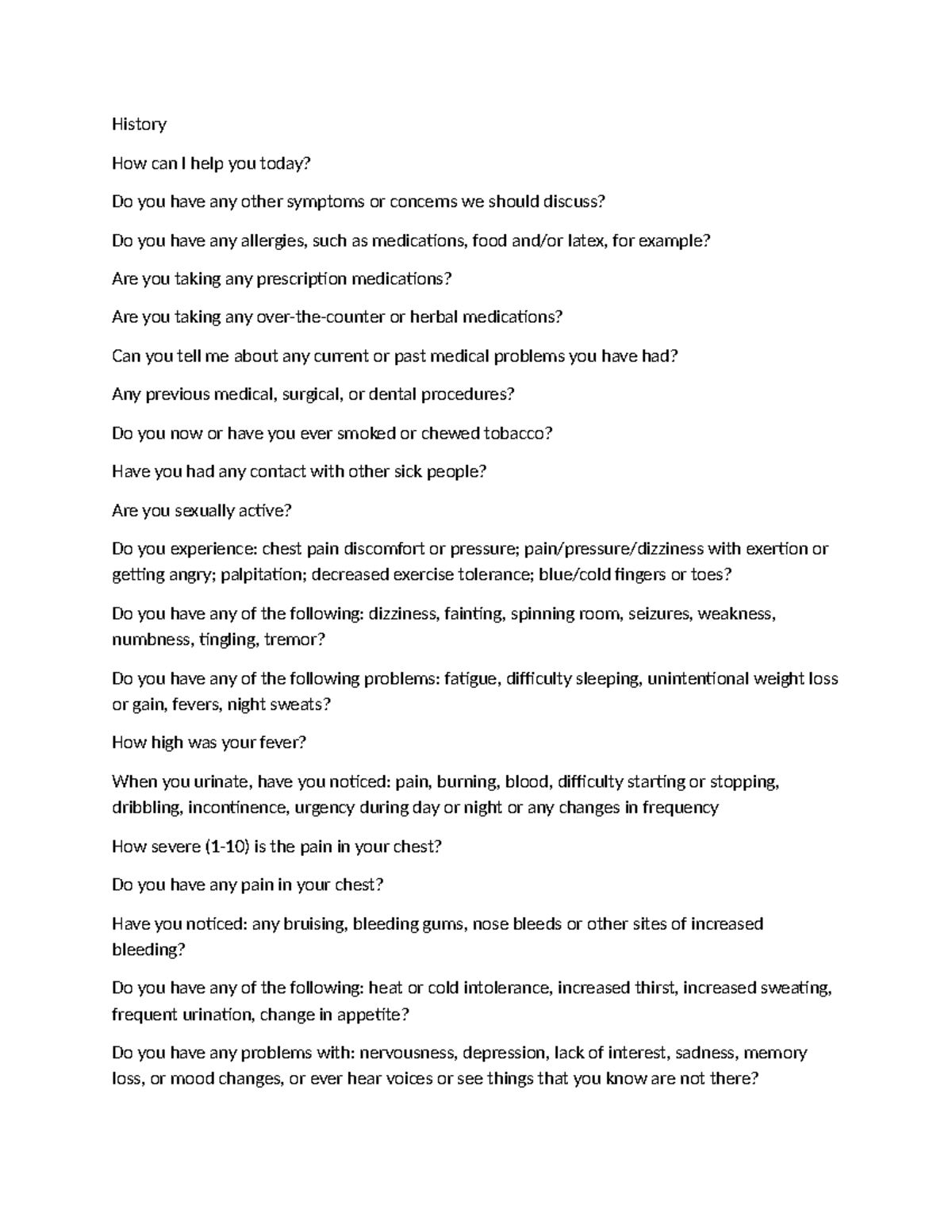 HIST 101: Patient Medical History Questionnaire for Assessment - Studocu