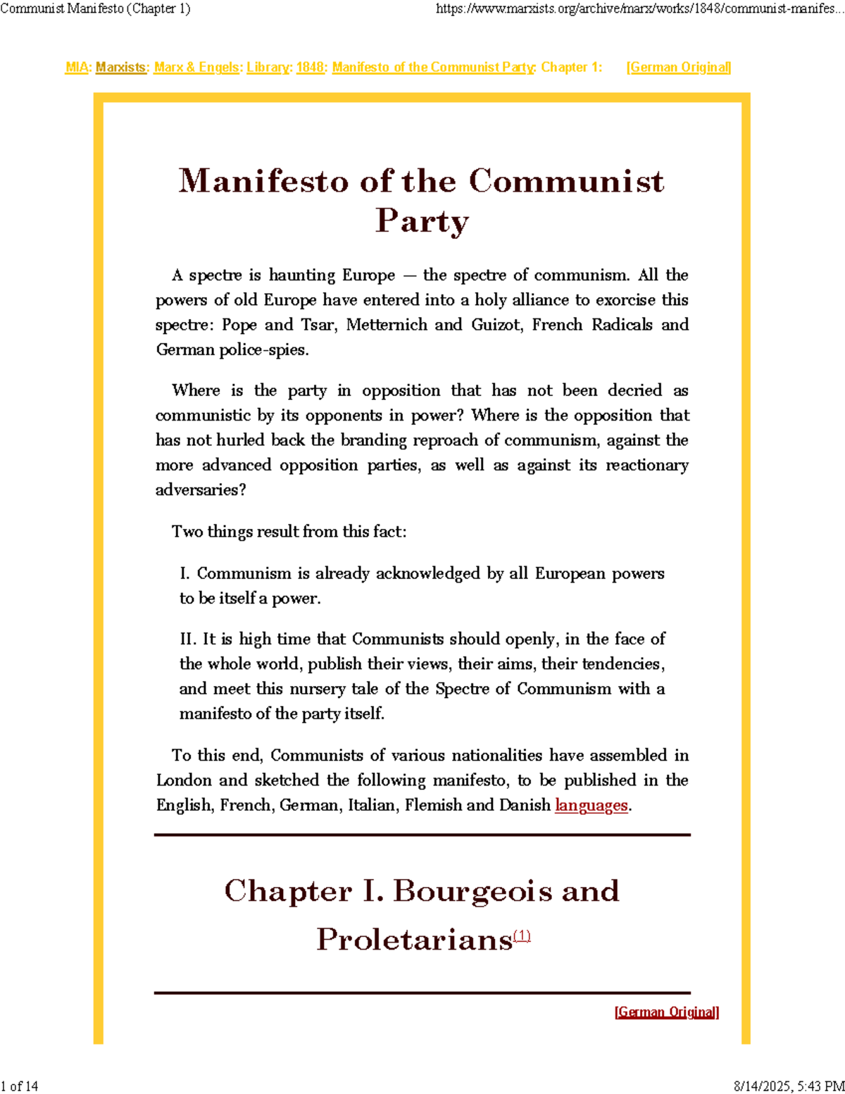 Communist Manifesto (Chapter 1) - Class Struggles and Proletariat ...