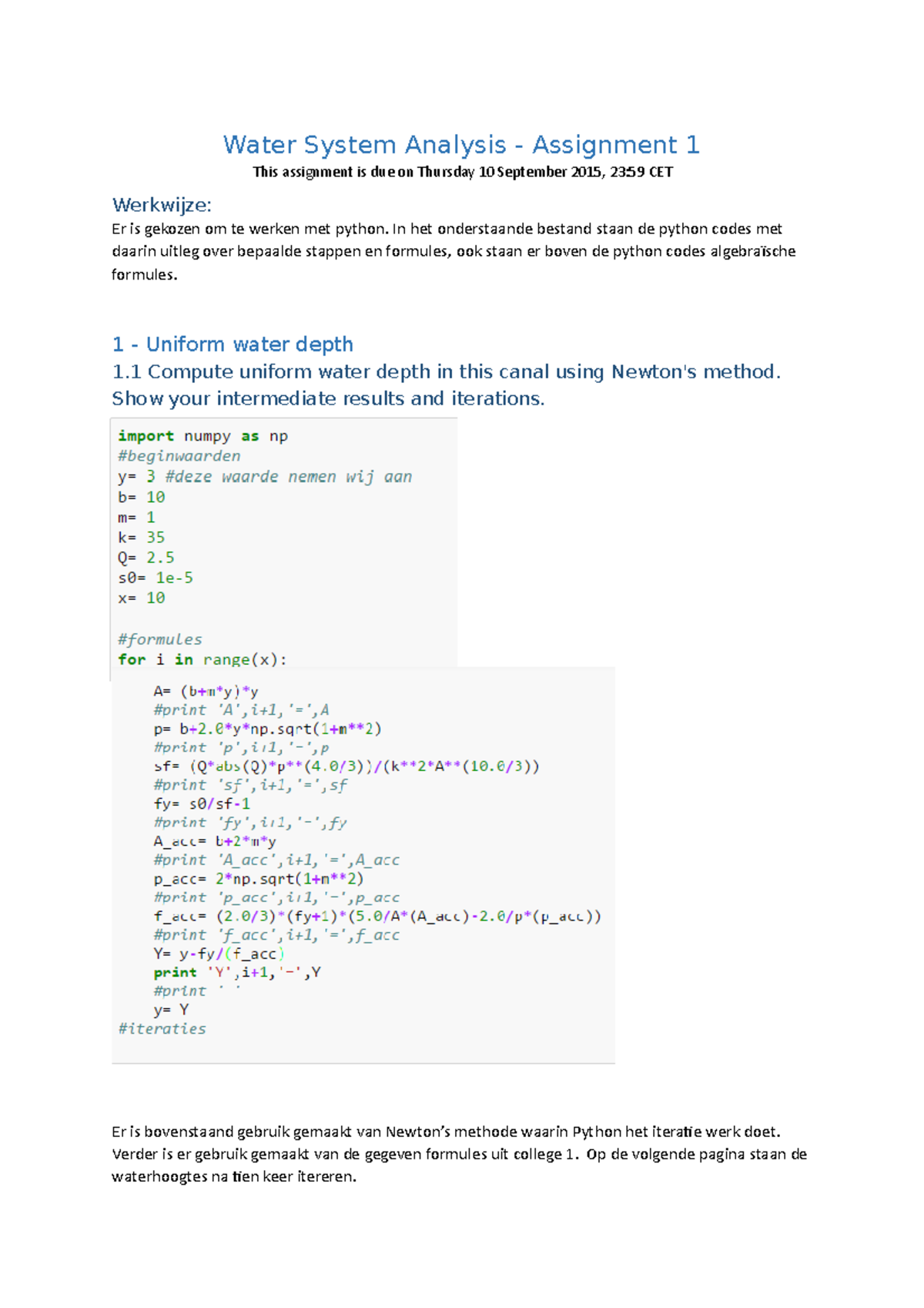 Water System Analysis Assignment 1 Cijfer 8 Python Methods Used 2823
