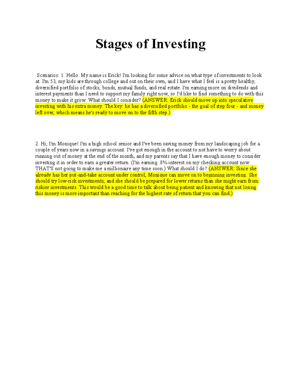 Stages of Investing: Scenarios & Answer Key Analysis - Studocu