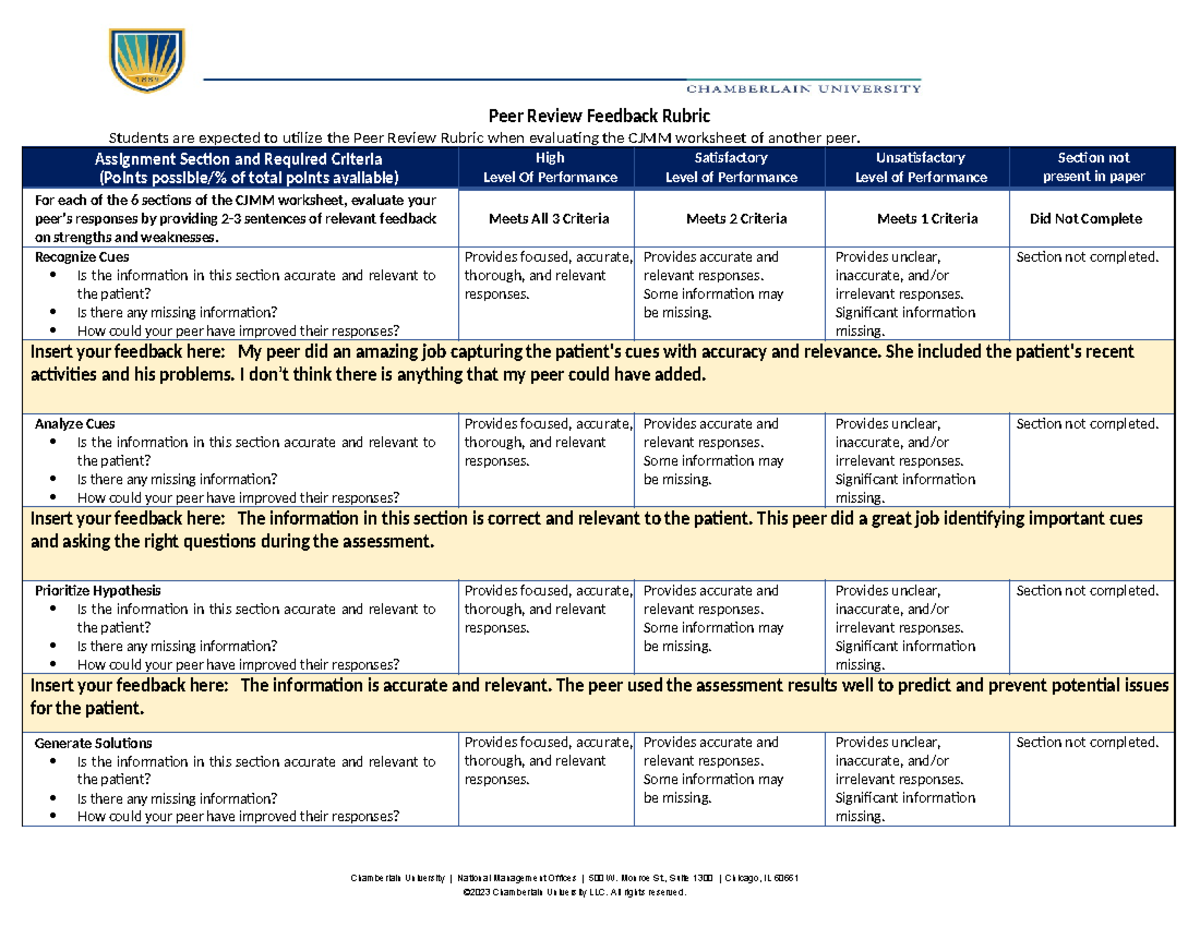 CJMM Peer Review Feedback Worksheet - Assignment Guide - Studocu