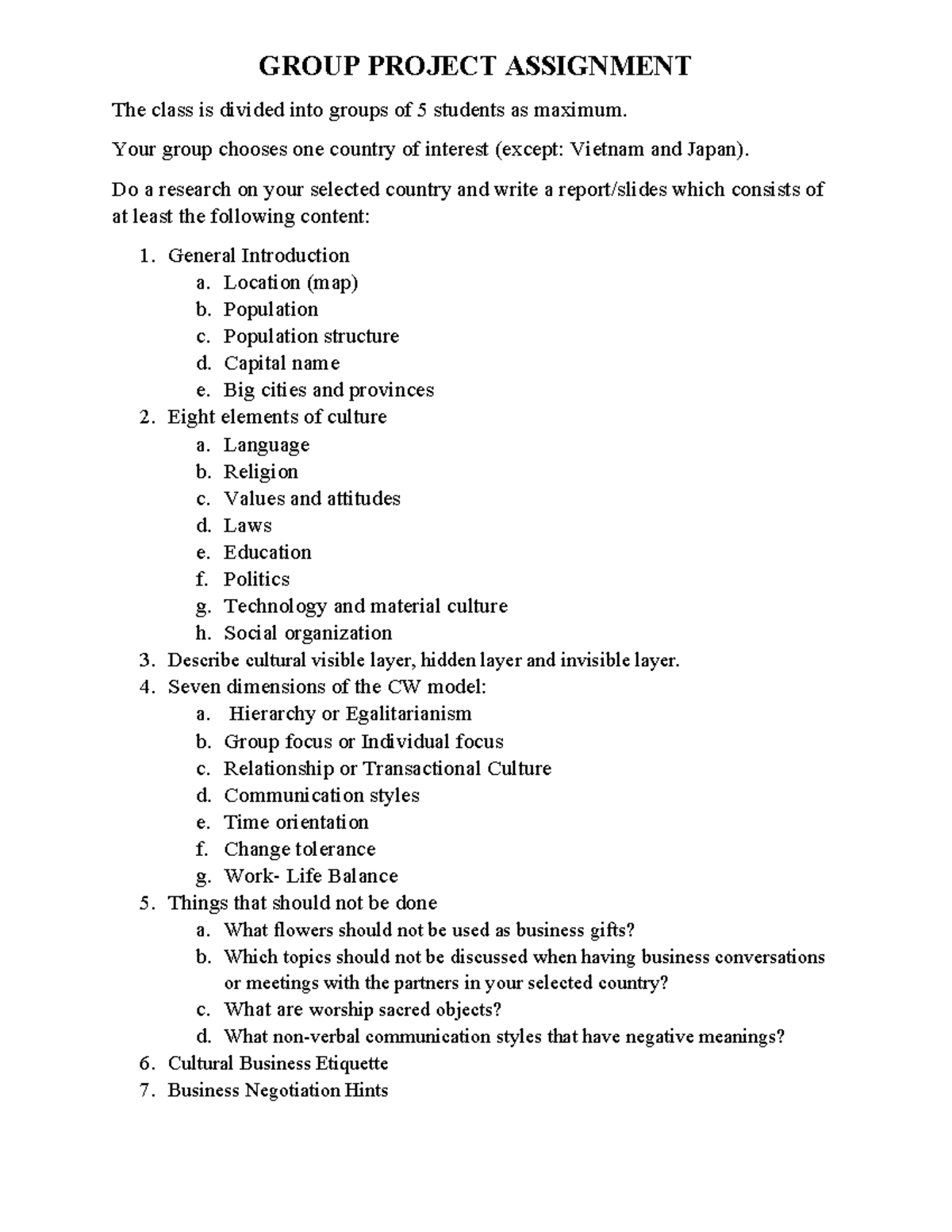 Group Project Assignment: Cultural Research on Selected Country - 2025 - Studocu