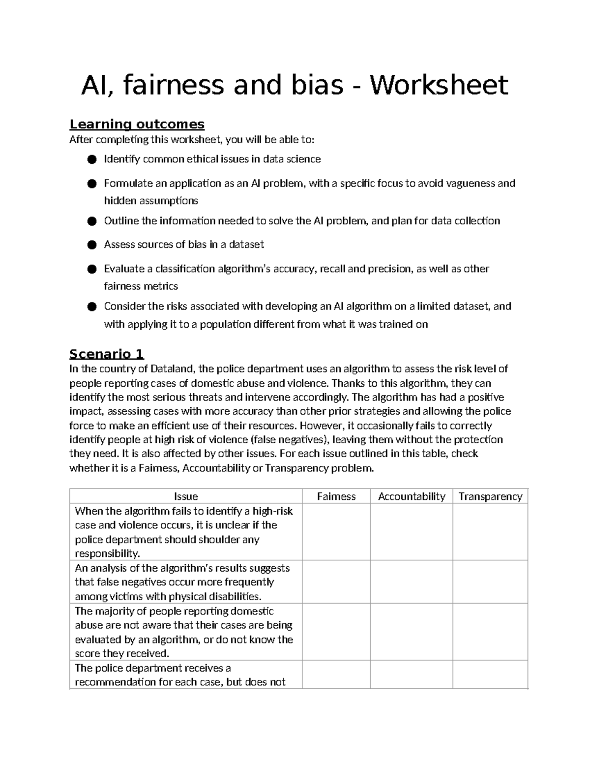 AICS 101: AI fairness and bias worksheet for core learning outcomes ...