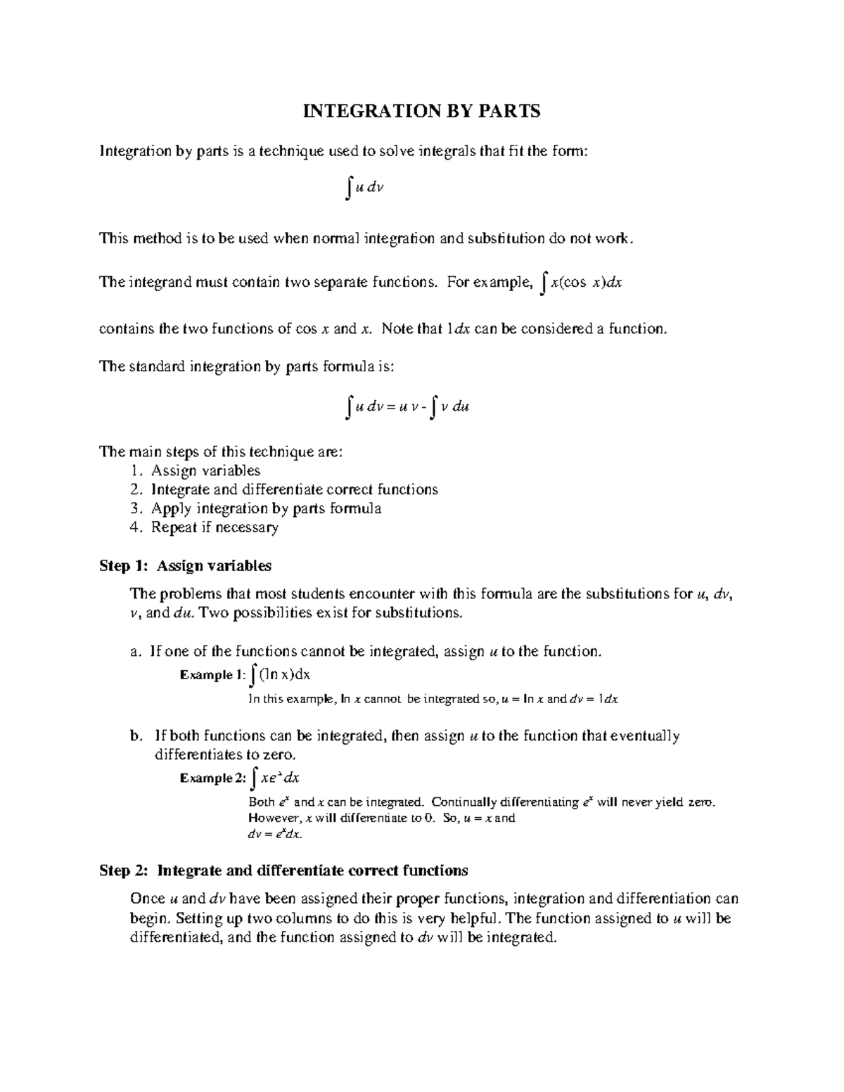 Integration by Parts: Techniques and Steps Explained for CALC I - Studocu