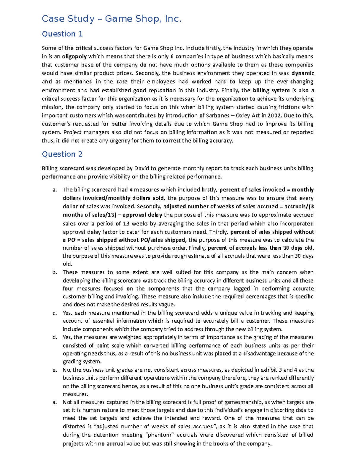 Game Shop, Inc. Case Study: Billing Accuracy & Performance Metrics ...