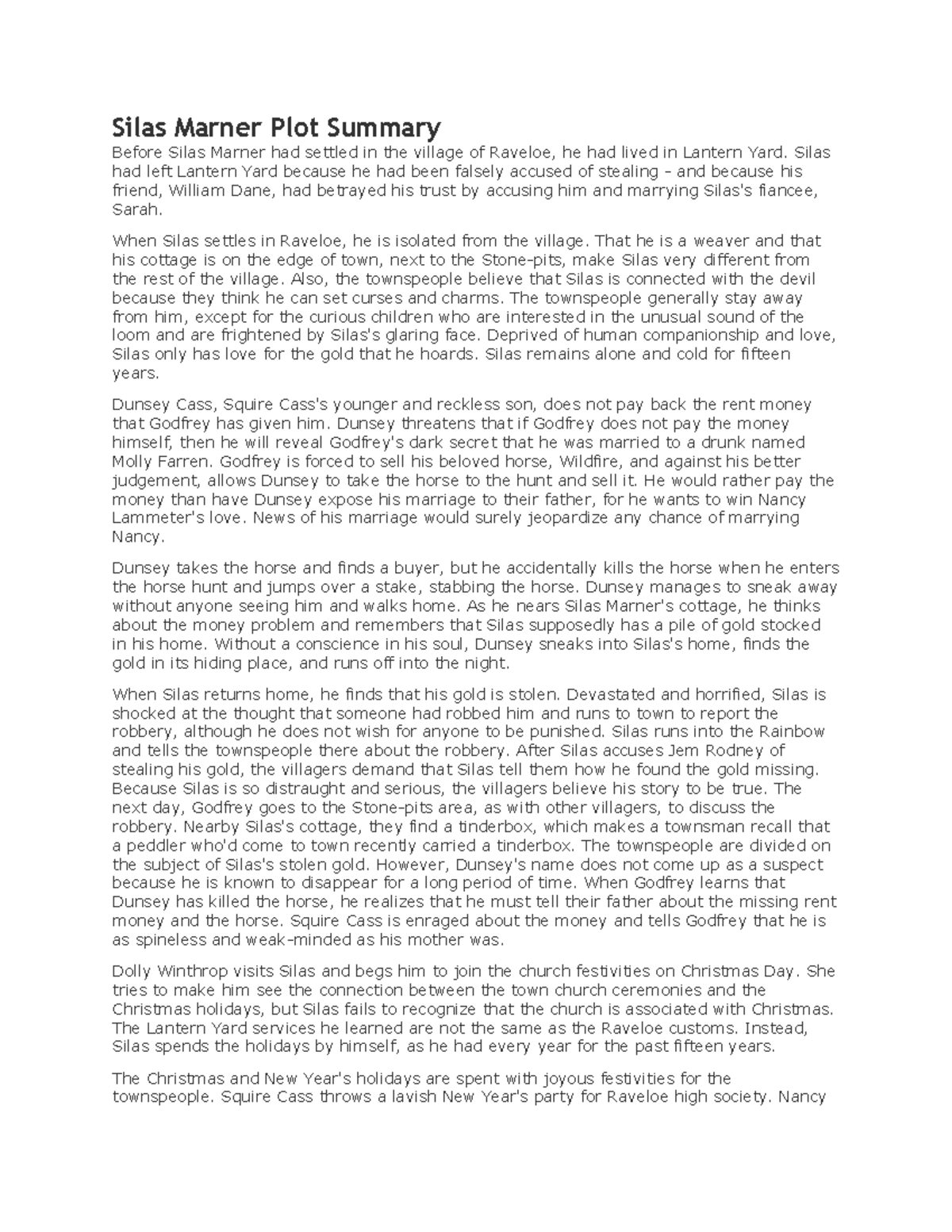 Silas Marner Plot Summary - Naming and Necessity - Silas Marner Plot ...