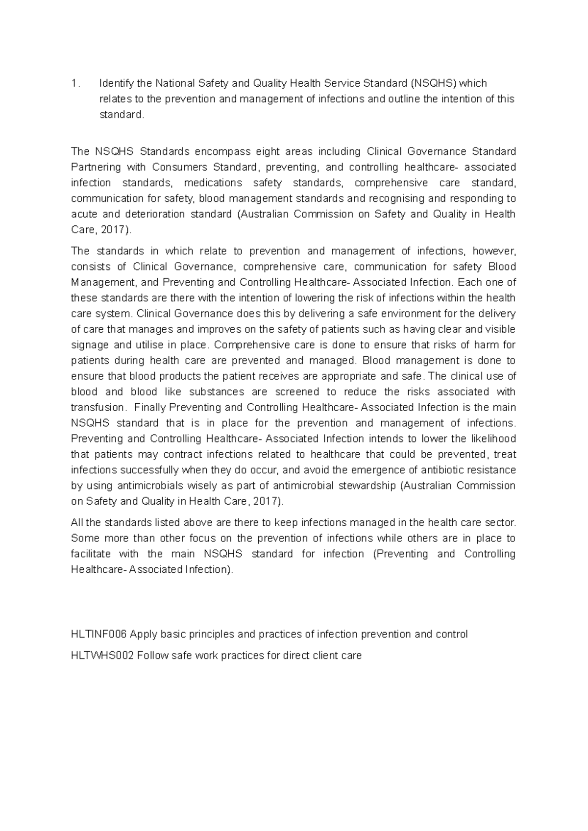 Identify the National Safety and Quality Health Service Standard - The ...