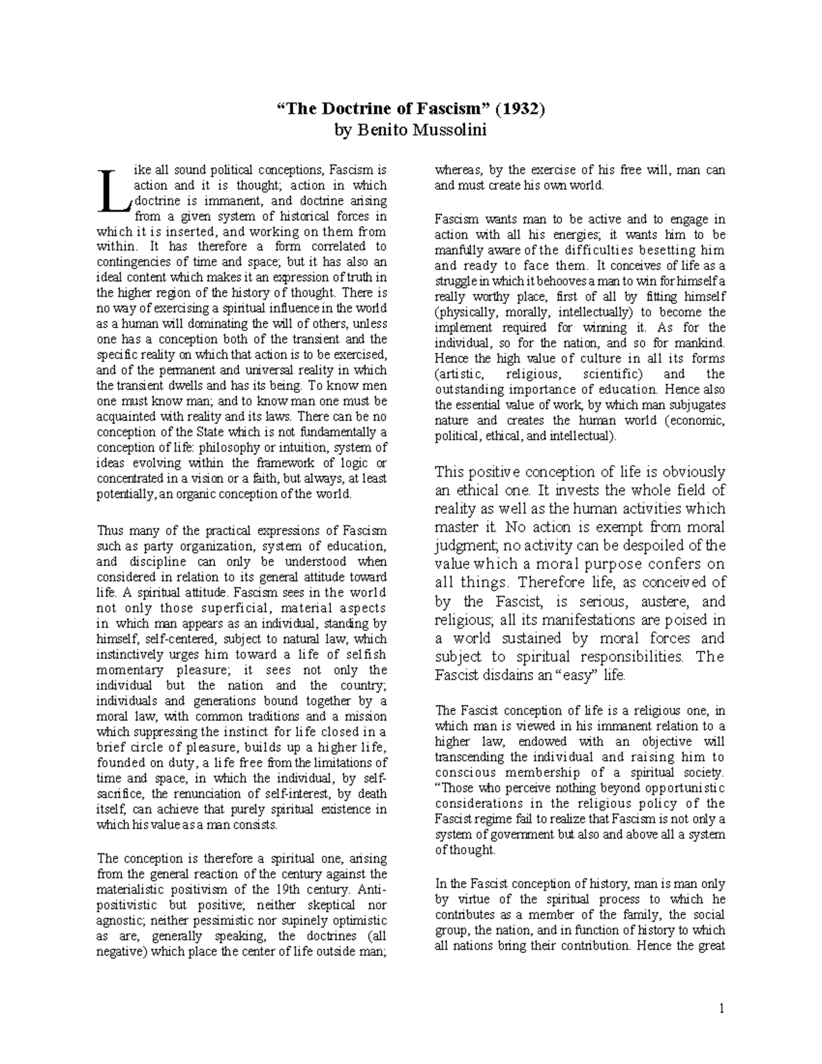 Mussolini's Doctrine of Fascism: A Comprehensive Analysis (1932) - Studocu