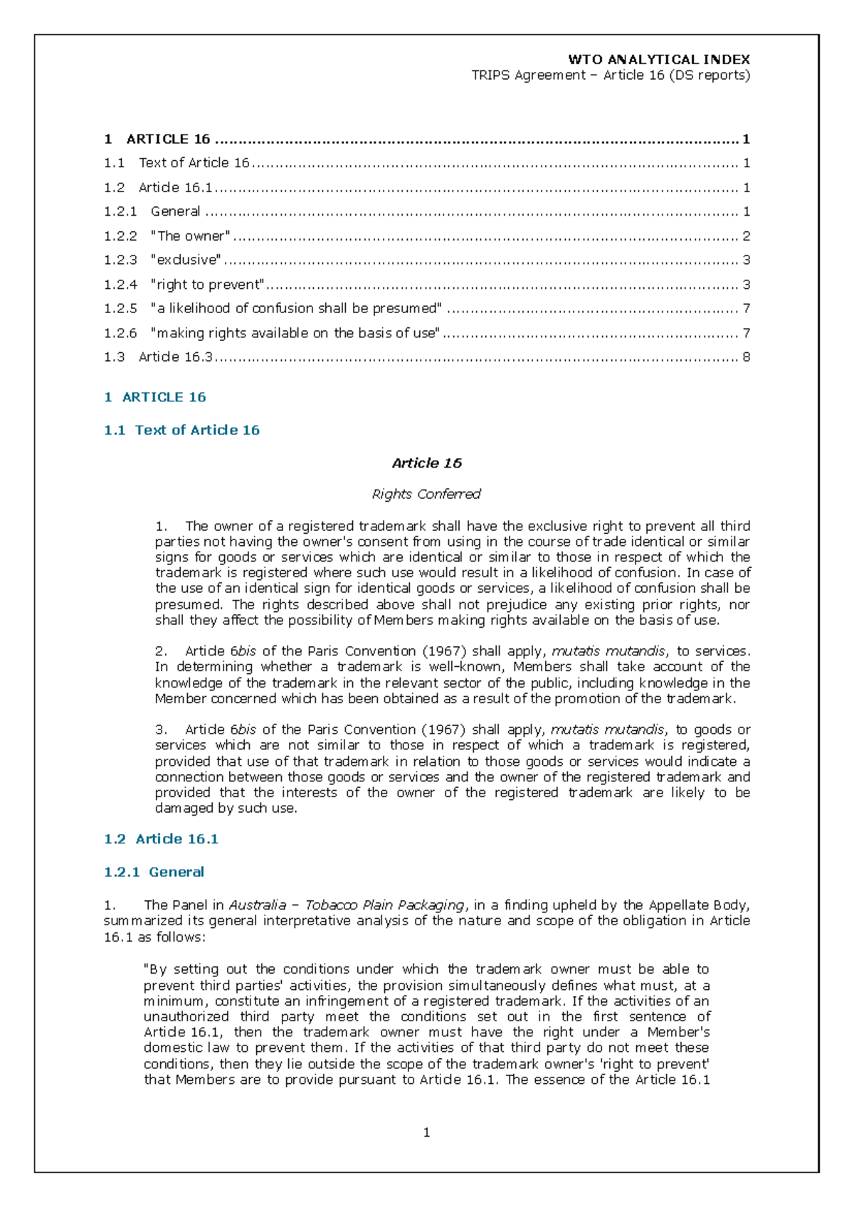 TRIPS Agreement: In-Depth Analysis of Article 16 (DS Reports) - Studocu