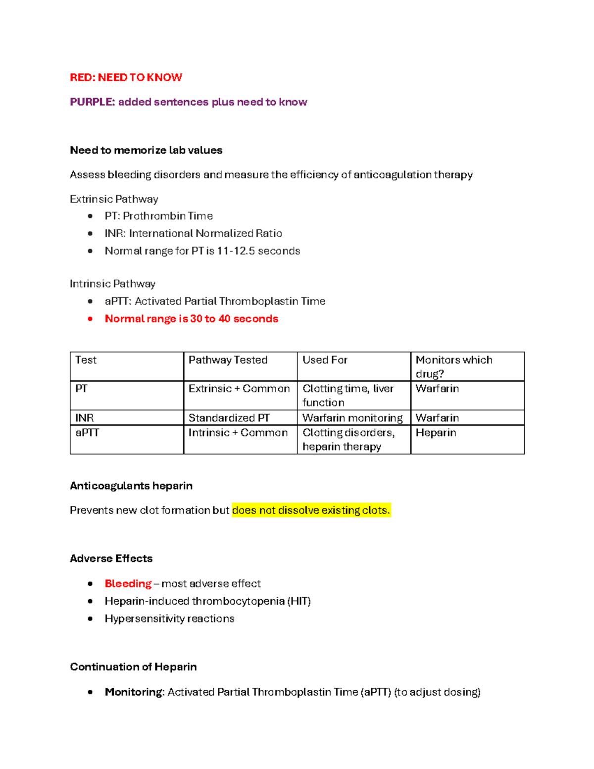 Pharm Notes Exam 3: Key Lab Values & Anticoagulation Management - Studocu