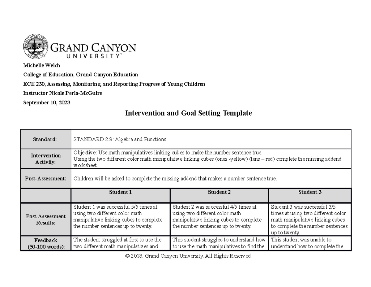 ECE-230 Intervention and Goal Setting Template for Math Manipulatives ...