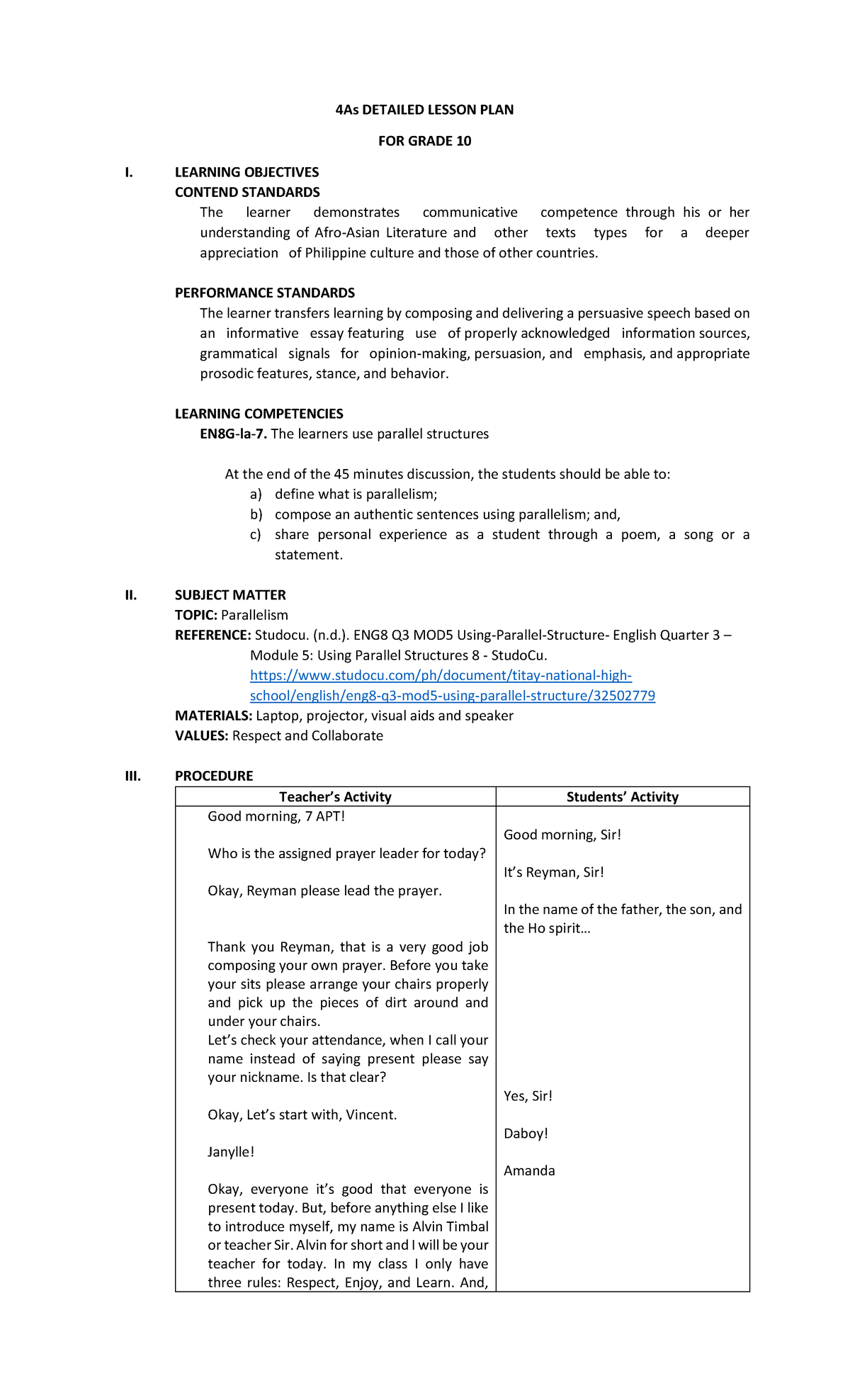 ENG8 DETAILED LESSON PLAN: Parallelism for Grade 10 Students - Studocu