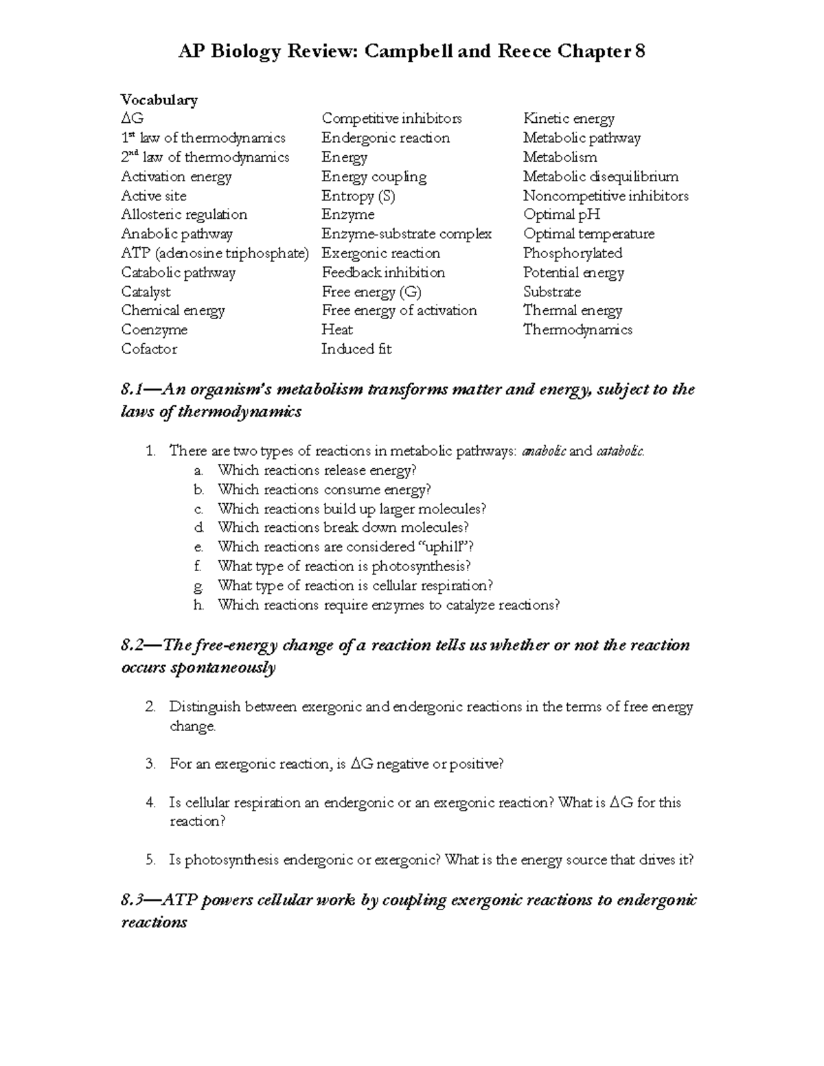 AP Bio Review: Chapter 8 Thermodynamics & Metabolism Concepts - Studocu