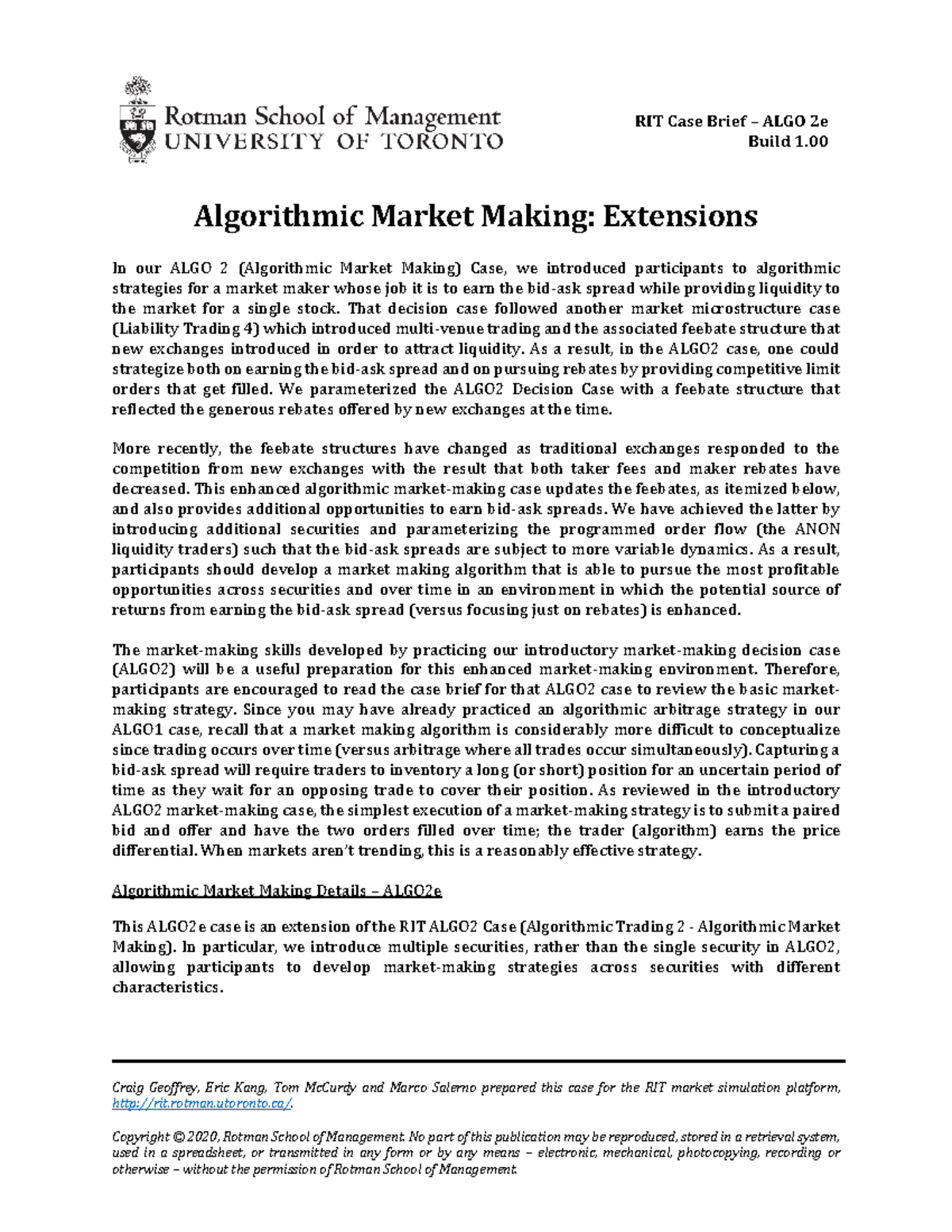 RIT - Case Brief - ALGO2e - Enhanced Algorithmic Market Making - Studocu