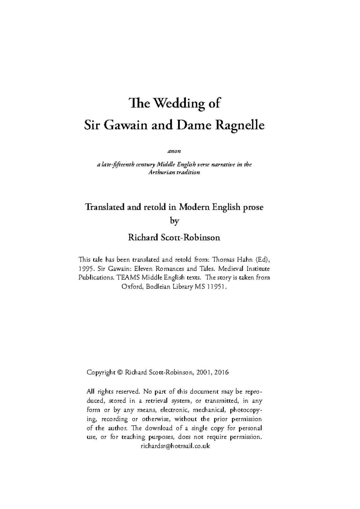 The Wedding of Sir Gawain and Dame Ragnelle: A Retelling in Verse - Studocu