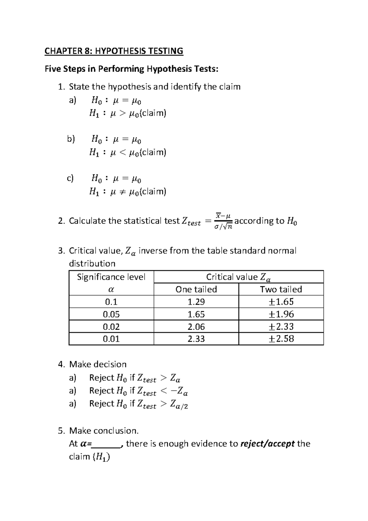 Five steps in performing hypothesis tests - CHAPTER 8: HYPOTHESIS ...
