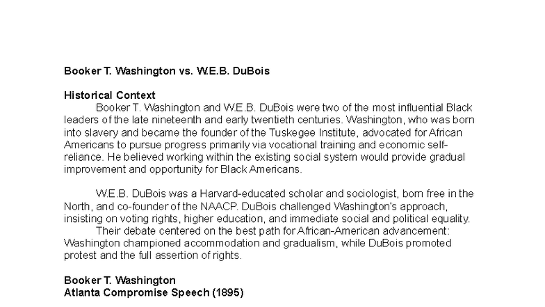 Booker T. Washington vs. W.E.B. DuBois: Historical Perspectives - Studocu