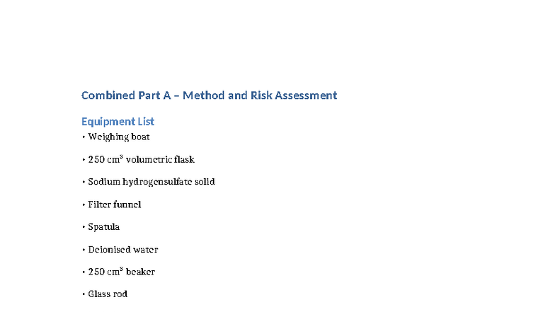 Combined Part A Practical 1: Method & Risk Assessment Equipment List ...