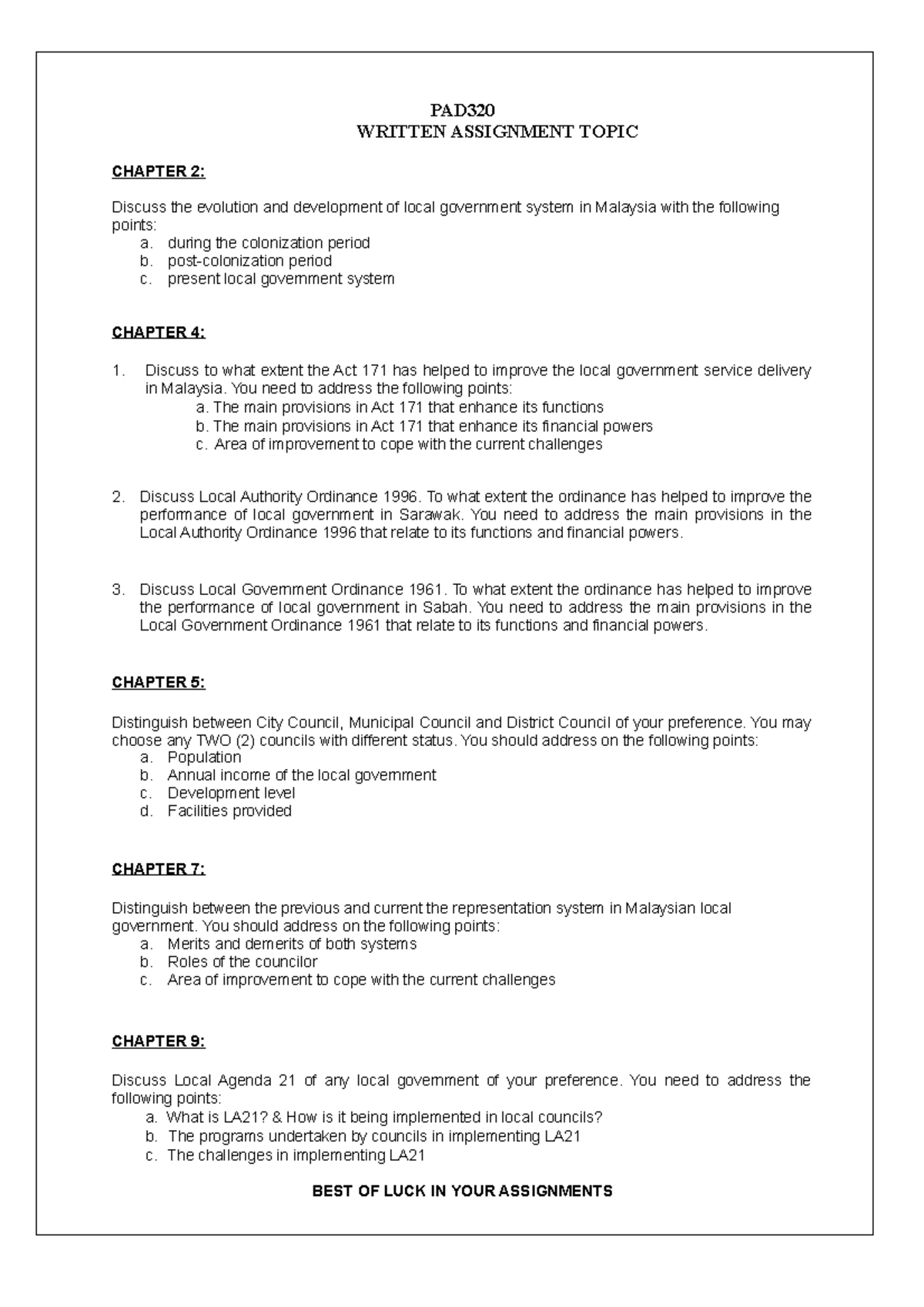PAD320 Written Assignment Topics: Local Government in Malaysia - Studocu