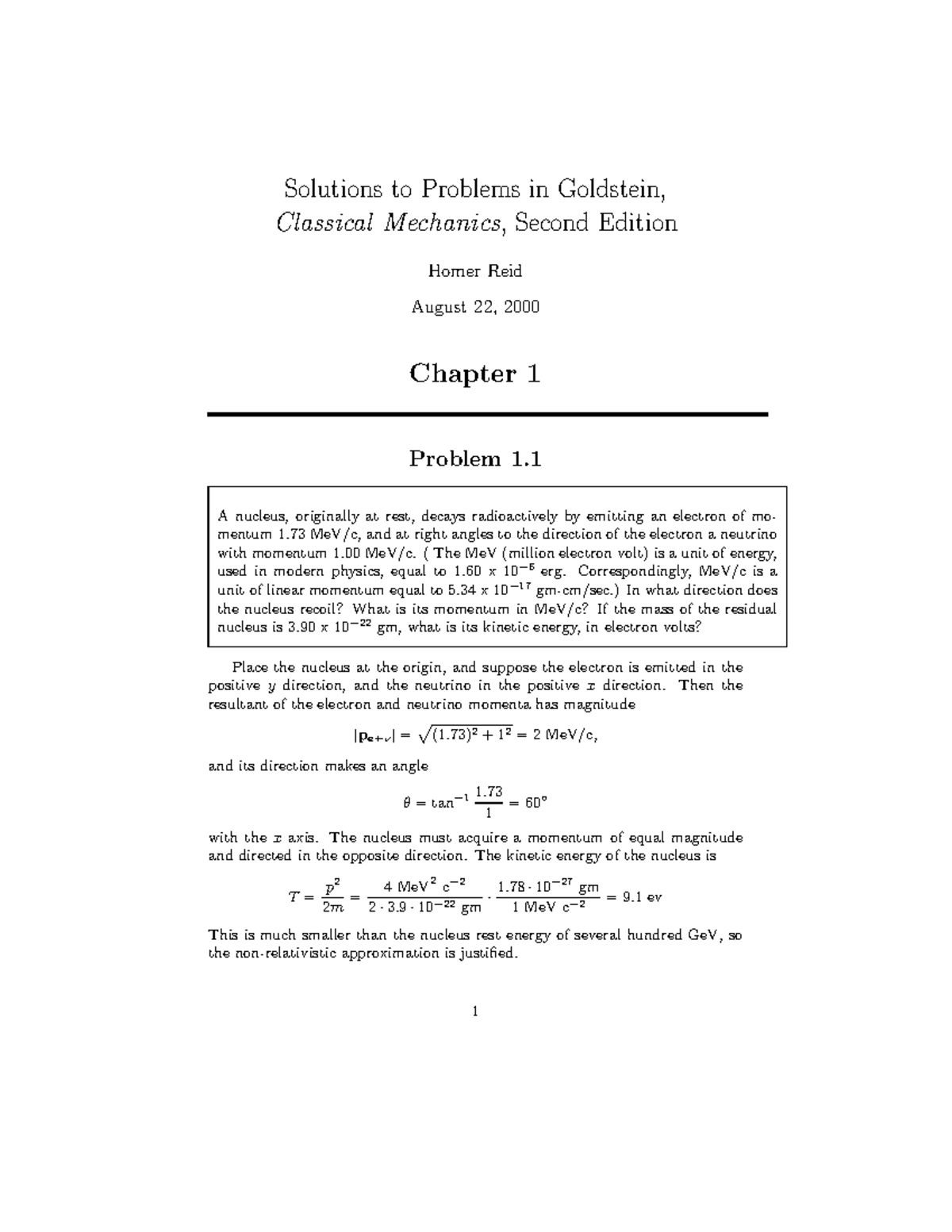 Goldstein Solutions: Classical Mechanics Chapter 1 Problems - Studocu