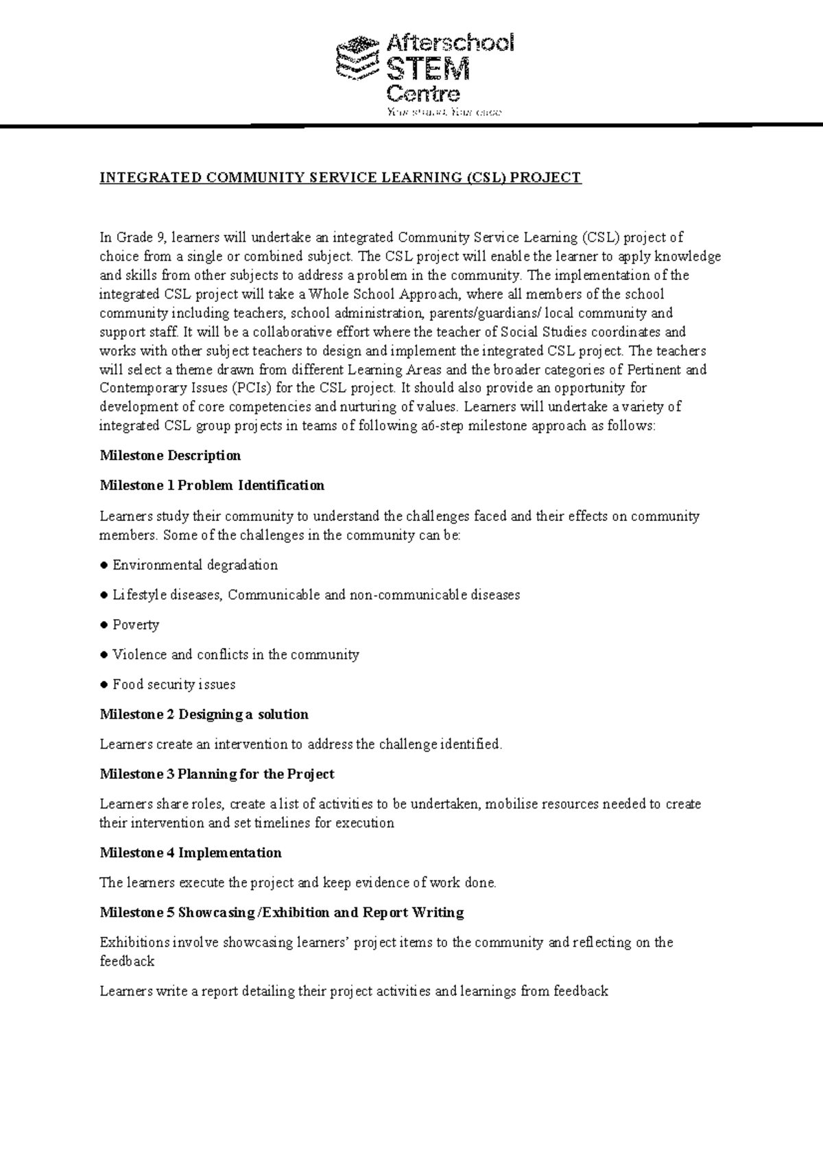 Grade 9 Integrated Community Service Learning (CSL) Project Overview ...