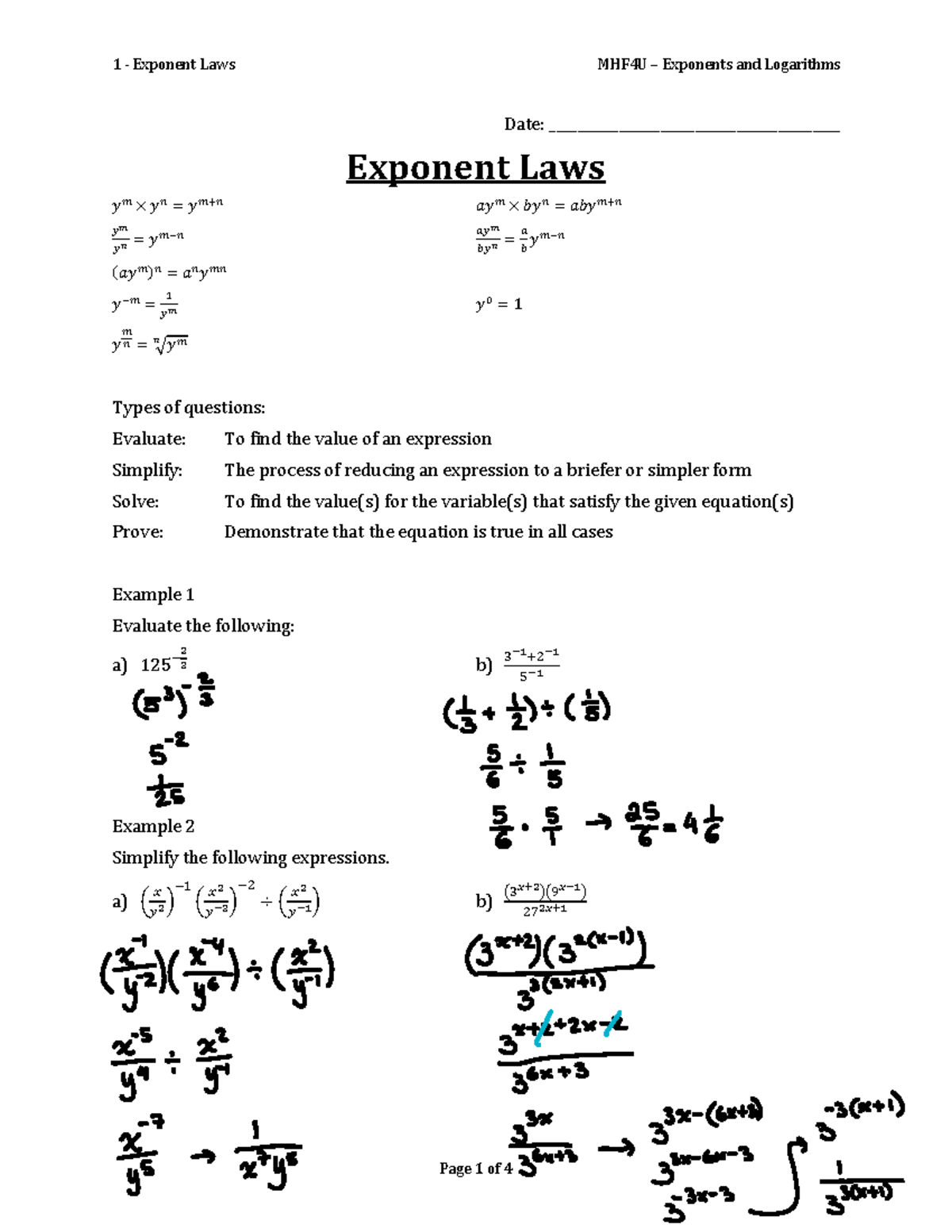 Exponent Laws MHF4U: Evaluation, Simplification, and Solving - Studocu