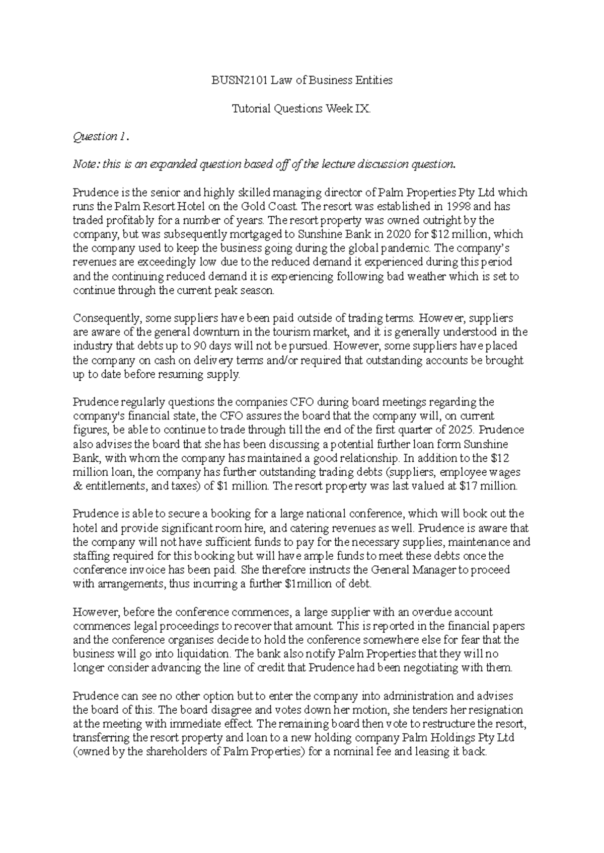 Tutorial Questions Week IX. (SC) - BUSN2101 Law of Business Entities ...