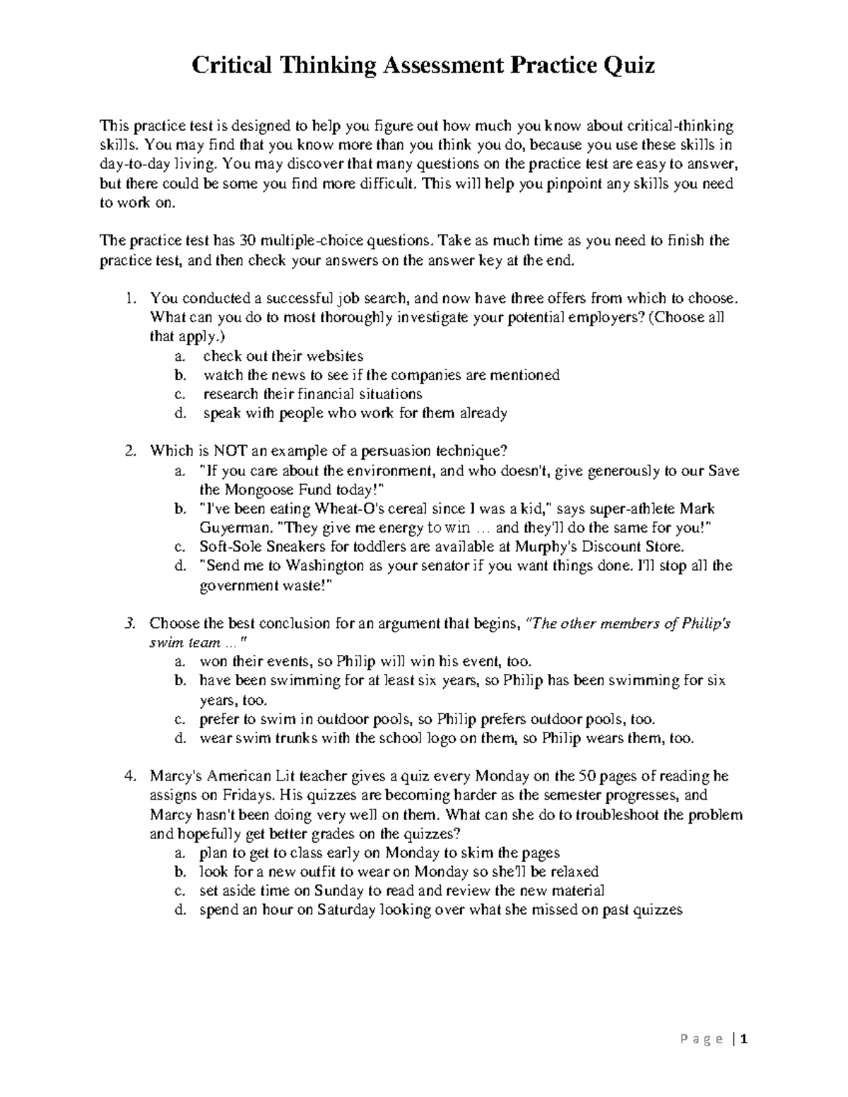 Critical Thinking Assessment Practice Quiz (CT101) - Studeersnel