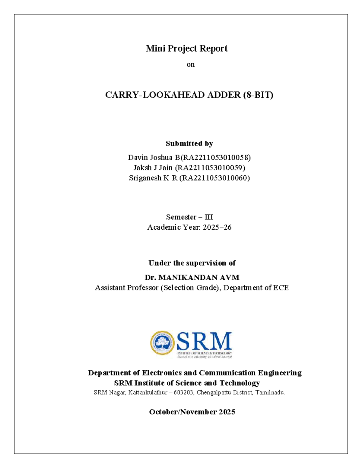 Design and Simulation of 8-bit Carry Lookahead Adder (CLA) - Mini ...