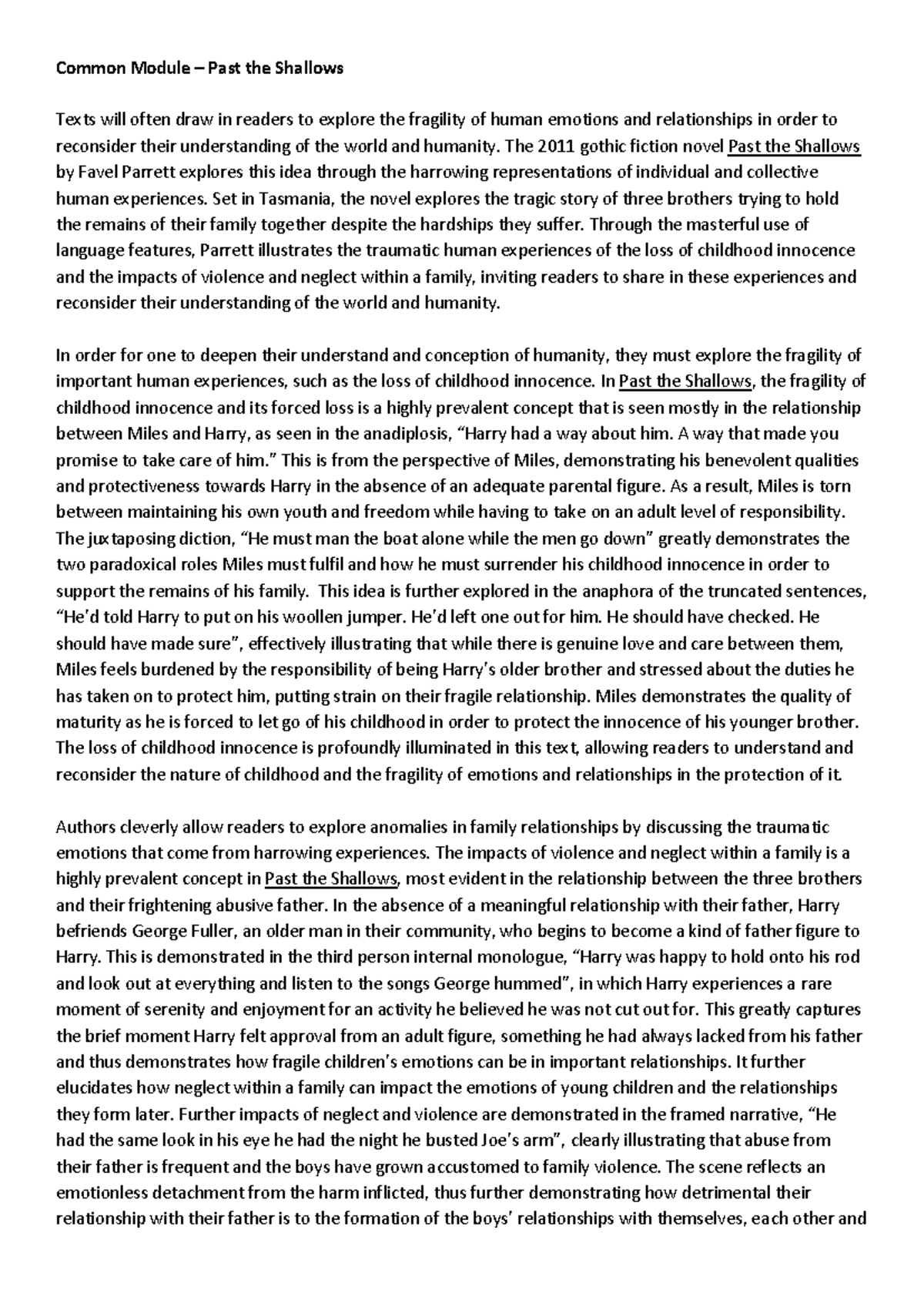 Trial Essay on Past the Shallows (Common Module) Analysis - Studocu