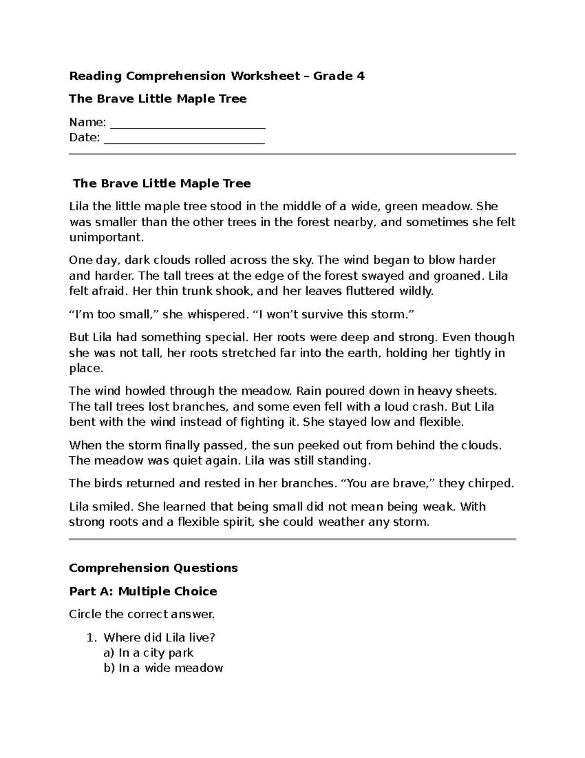 Grade 4 Reading Comprehension: The Brave Little Maple Tree Worksheet ...