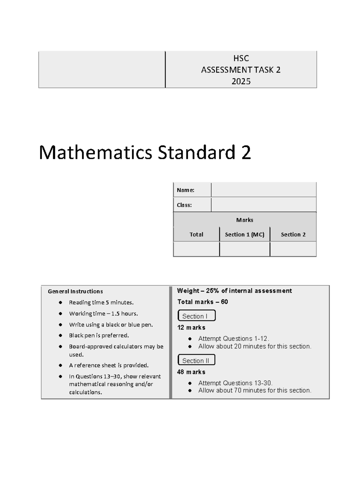 2024 12MAT STA 2 Assessment Task 2 - Mathematics Standard 2 - Studocu