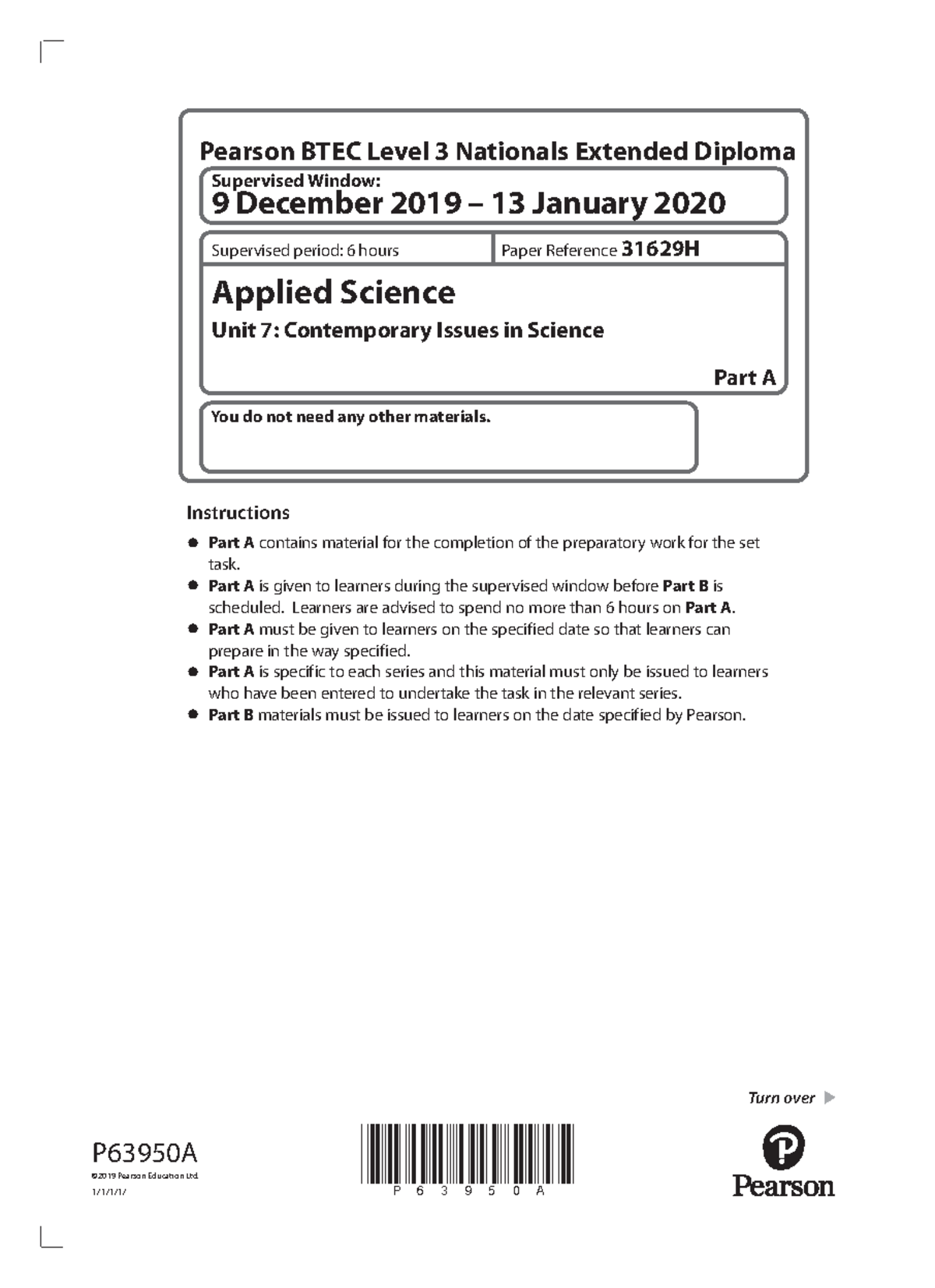 BTEC Level 3 Applied Science Unit 7: Jan 2020 Question Paper - Studocu