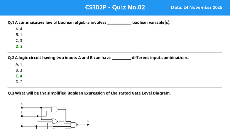 CS302P Quiz No.02 - Boolean Algebra and Logic Circuits - Studocu